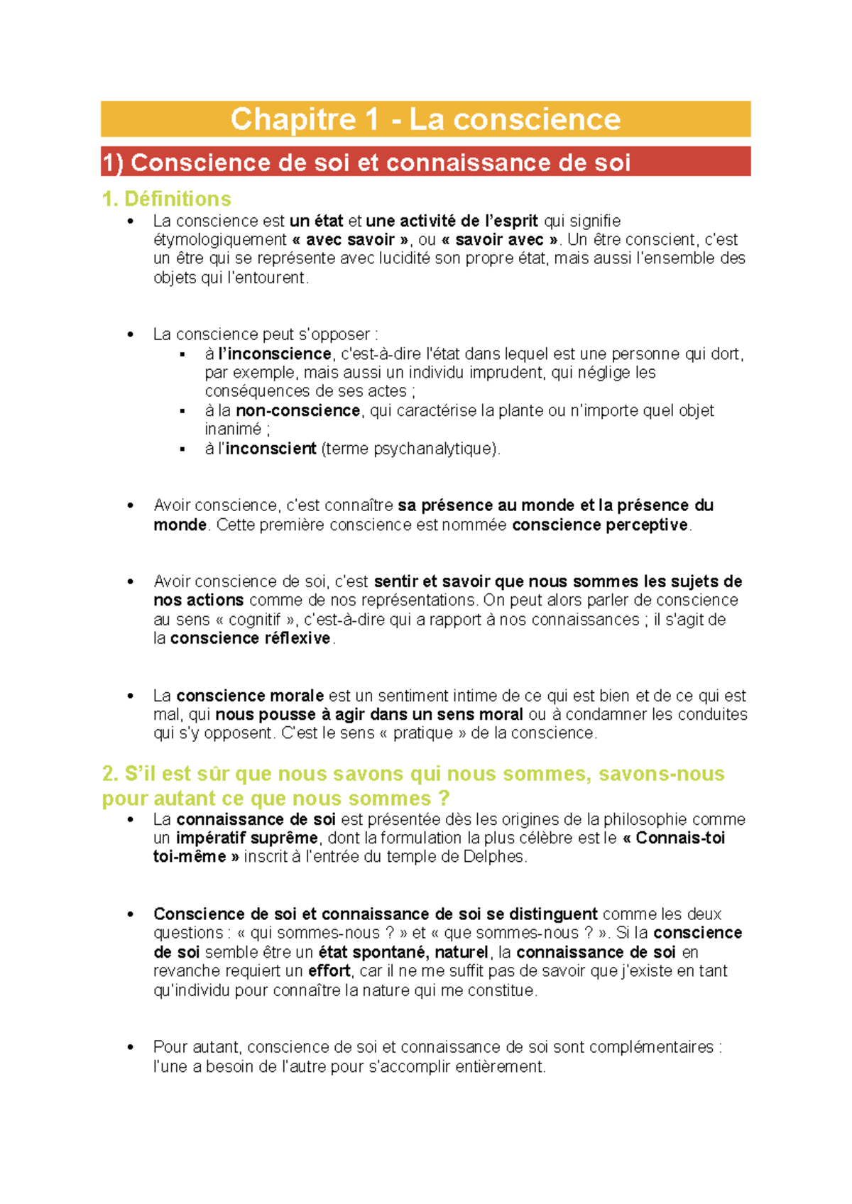 Philo - Chapitre 1 - La conscience 1) Conscience de soi et connaissance ...