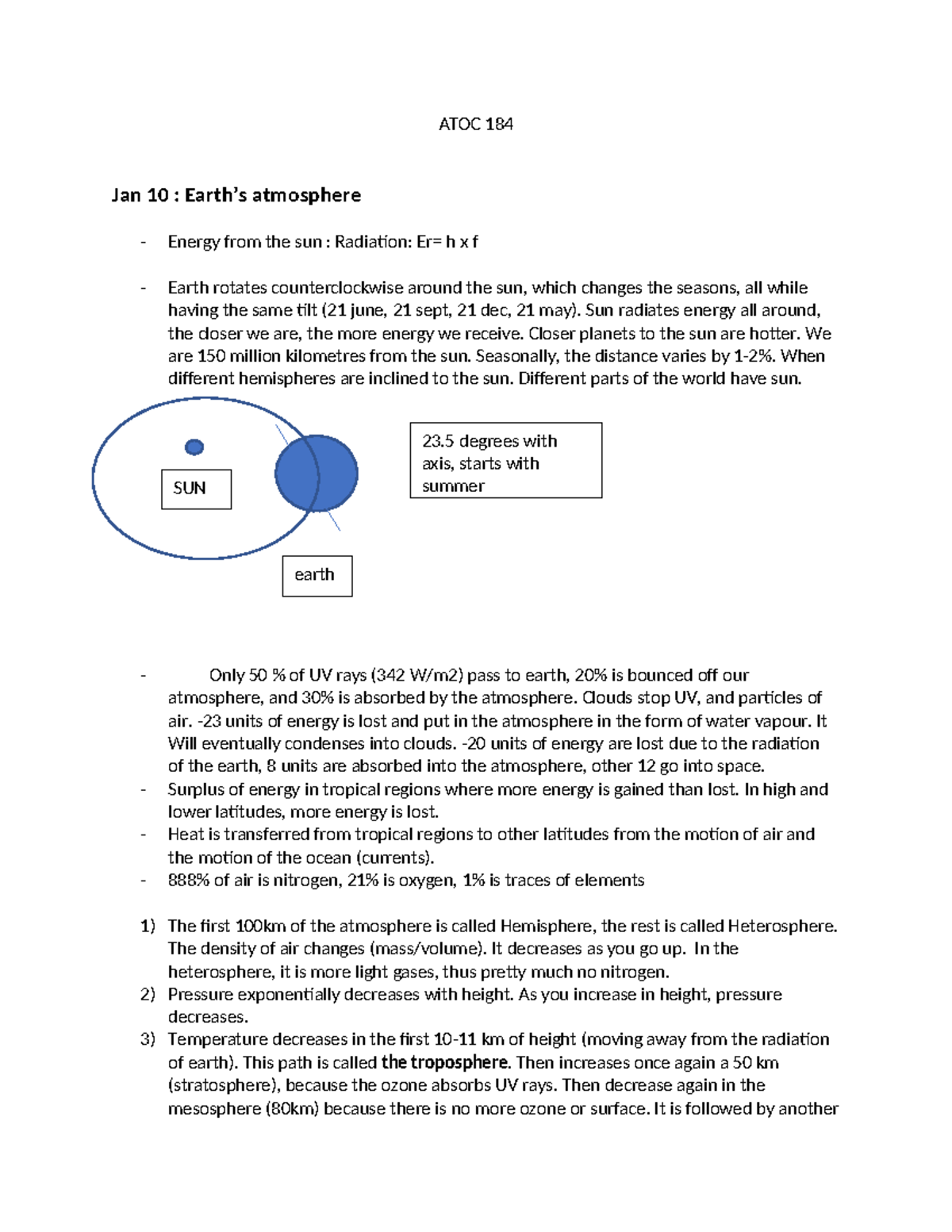 ATOC 184 class notes - ATOC 184 Jan 10 : Earth’s atmosphere Energy from ...
