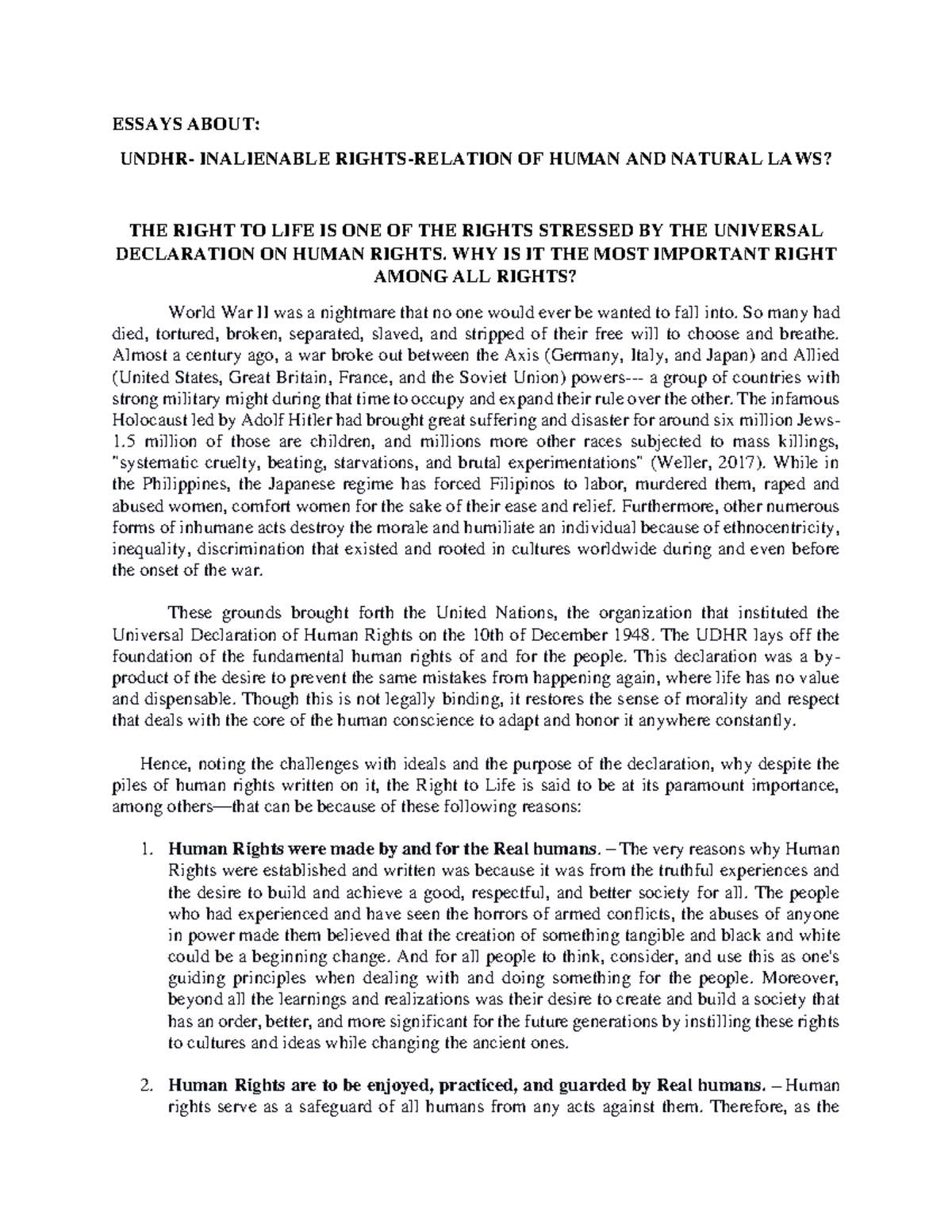 Essays on UNDHR- Inalienable Rights- Relation of Human and Natural Laws ...