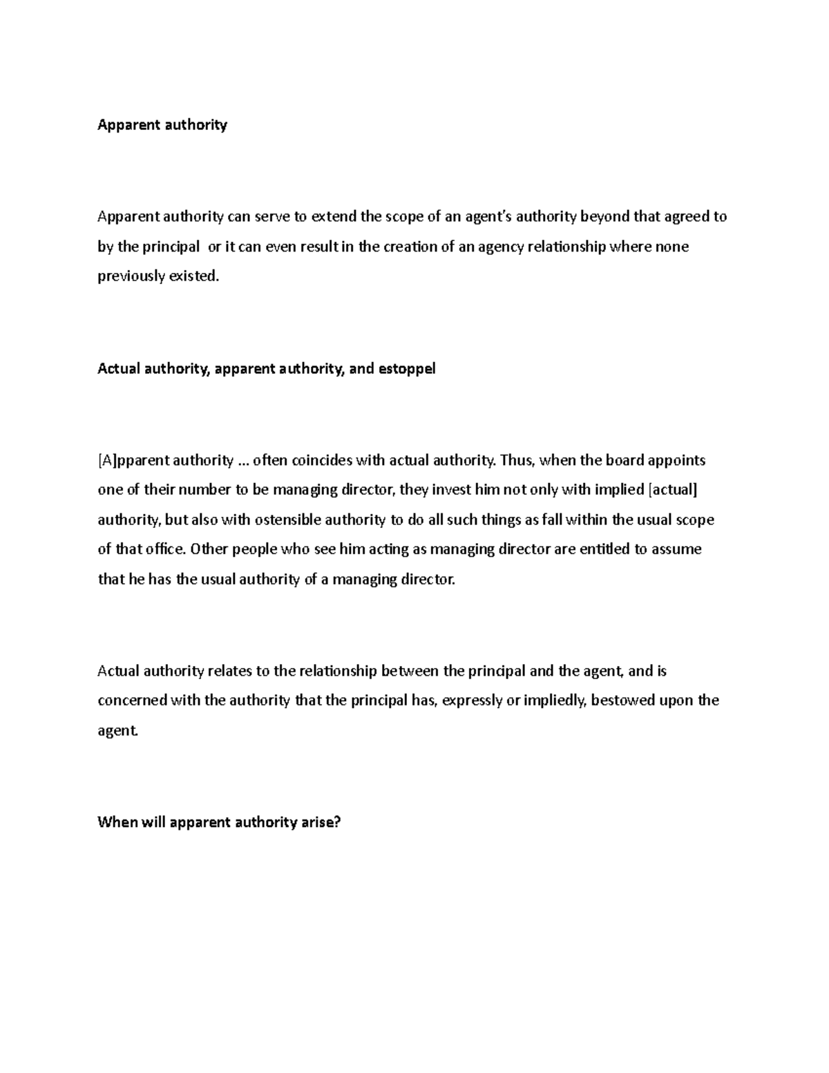 Actual authority, apparent authority, and estoppel - Apparent authority ...