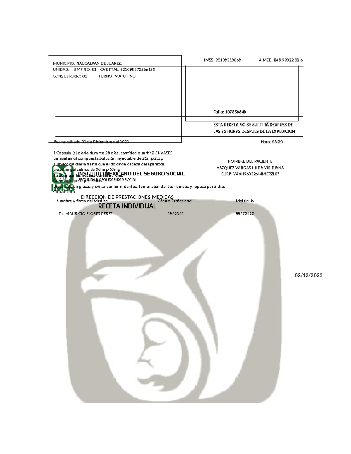 Receta - INSTITUTO MEXICANO DEL SEGURO SOCIAL SEGURIDAD Y SOLIDARIDAD ...