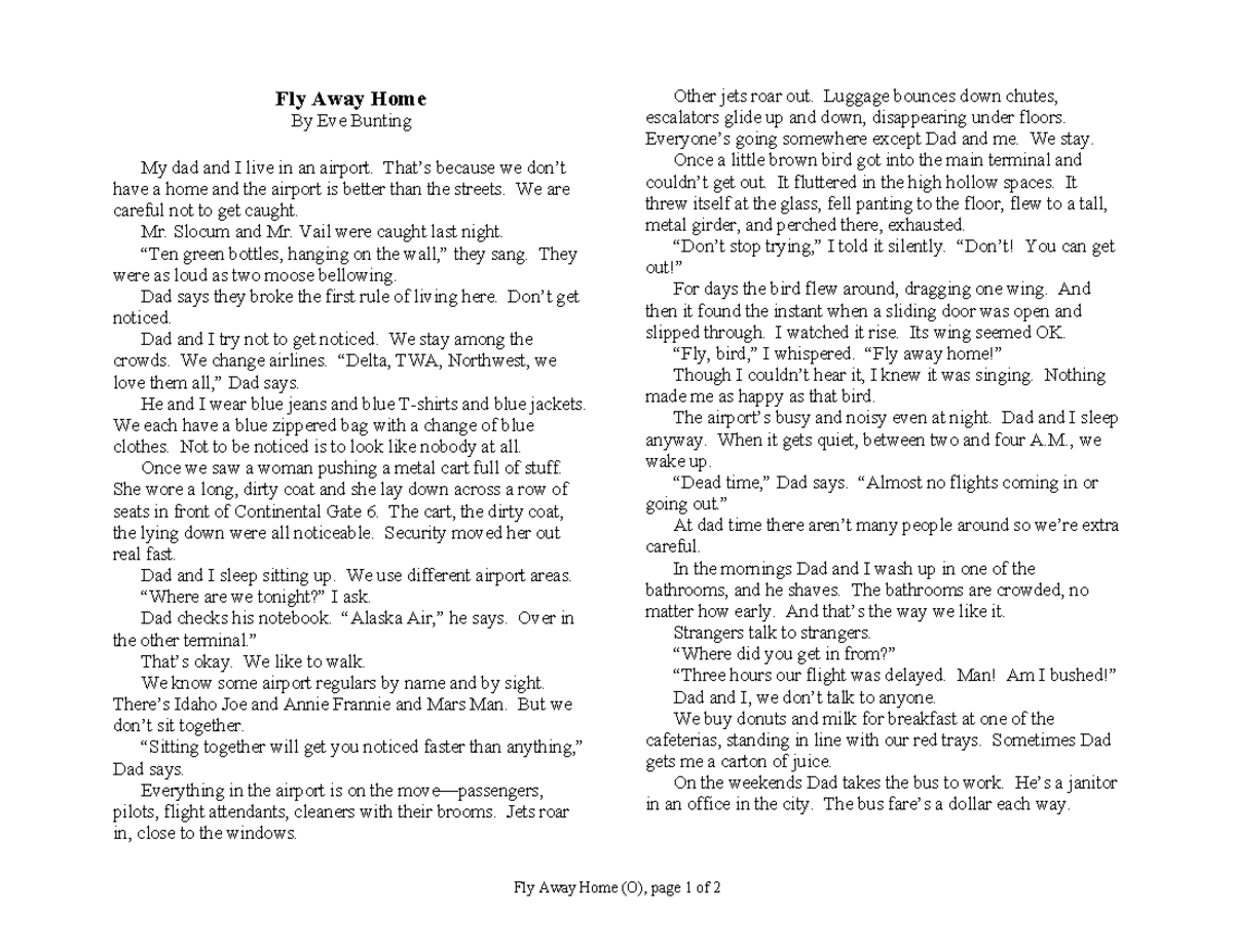 Fly Away Home - Mentor Text - Fly Away Home (O), page 1 of 2 Fly Away ...