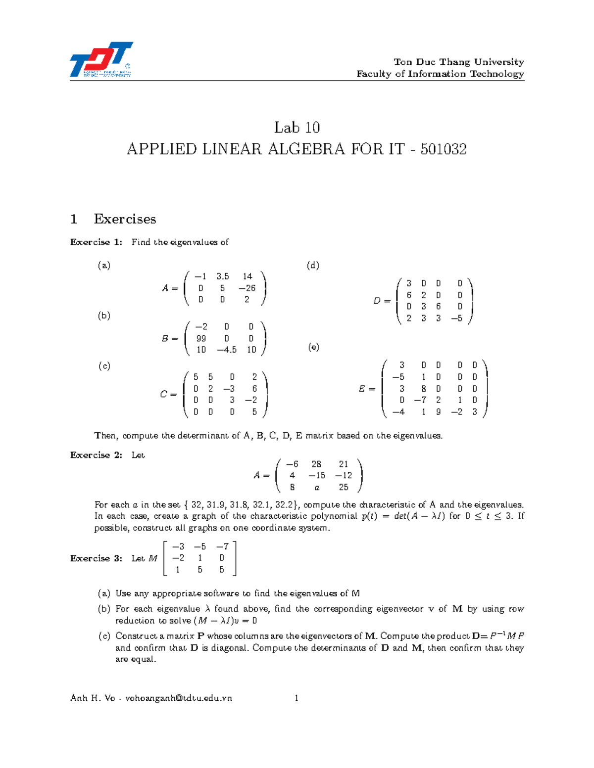 Lab10 - Ton Duc Thang University Faculty of Information Technology Lab 10 APPLIED LINEAR ALGEBRA ...