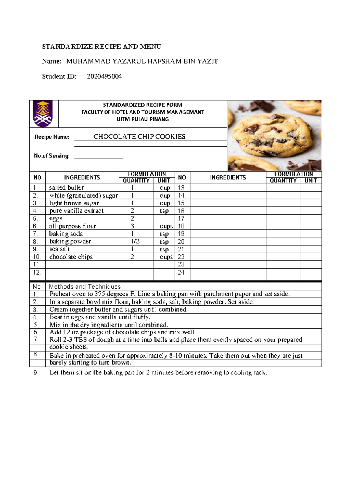 Chocolate CHIP Cookies - STANDARDIZE RECIPE AND MENU Name: Student ID ...
