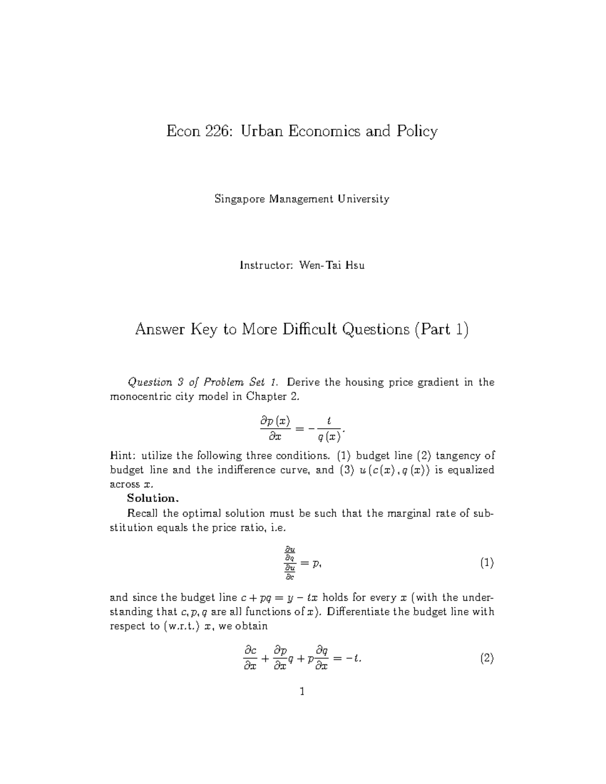 ECON226 Extra Practise - Econ 226: Urban Economics and Policy Singapore ...