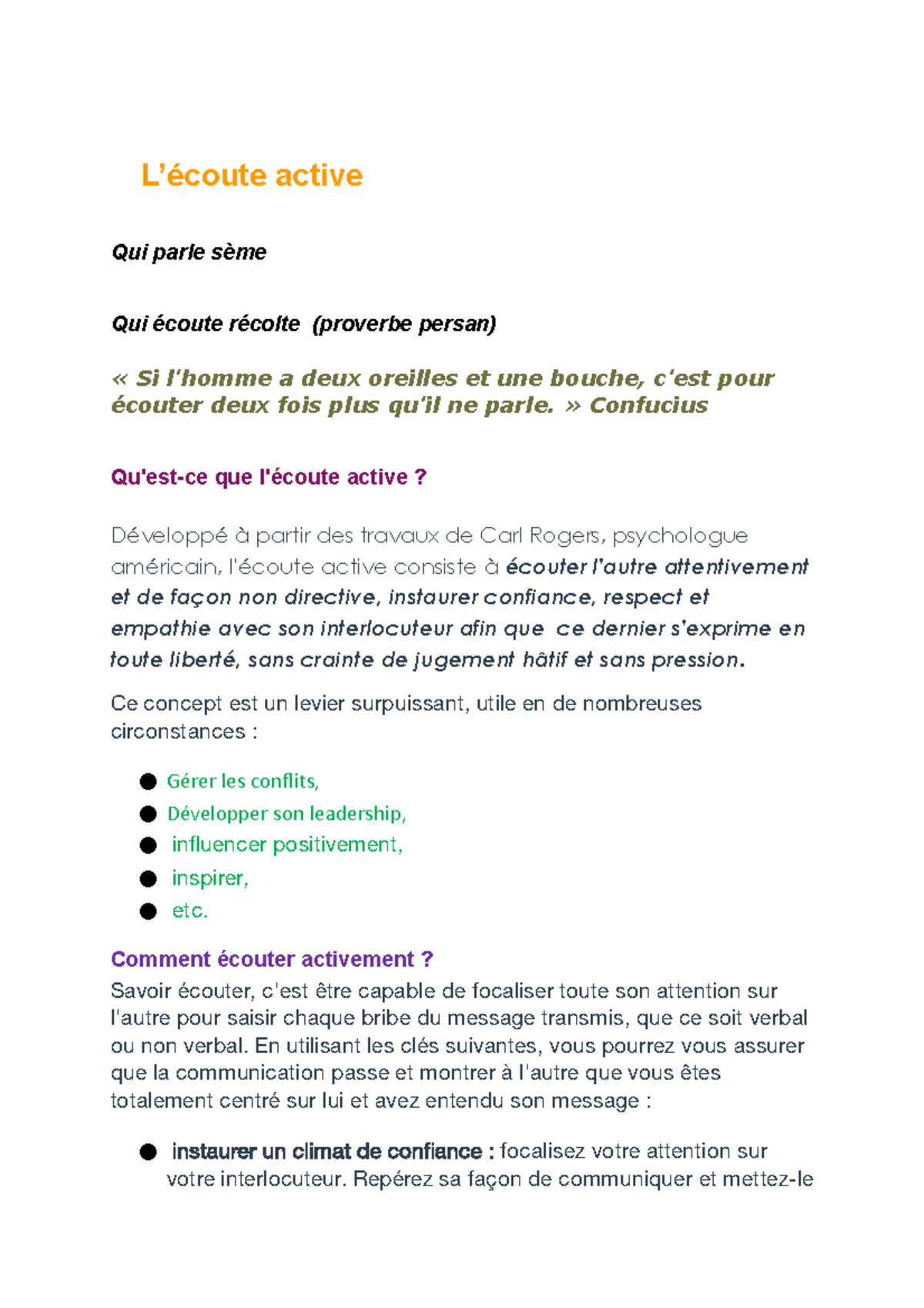 3-Quest ce que lécoute active - L’écoute active Qui parle sème Qui ...