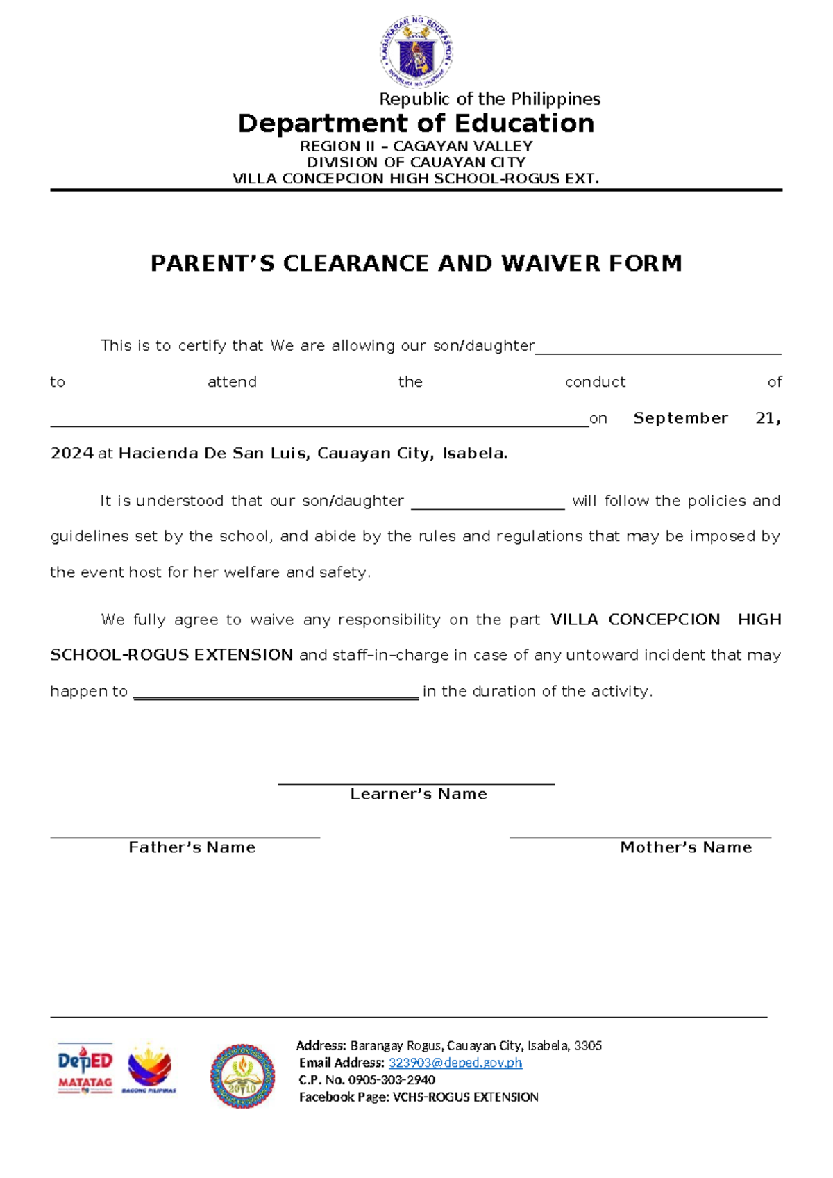 Parents Clearance AND Waiver - Republic of the Philippines Department ...