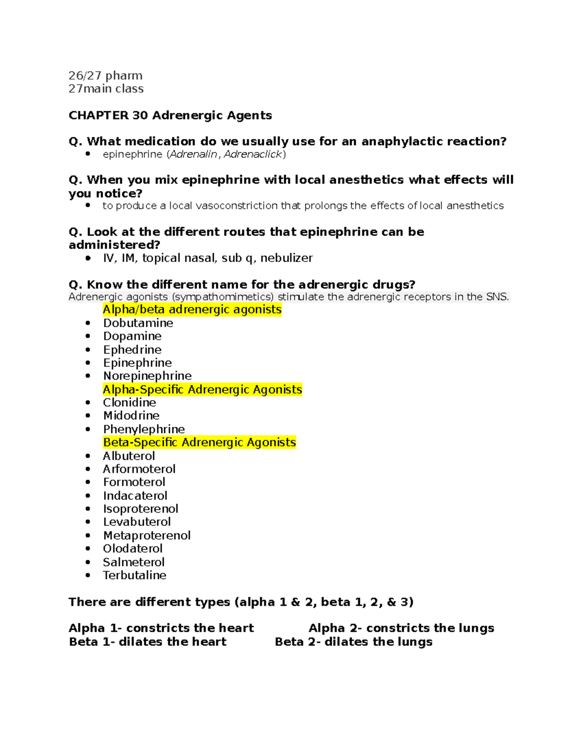 Pharm Final T Notes 26 27 Pharm 27main Class CHAPTER 30 Adrenergic