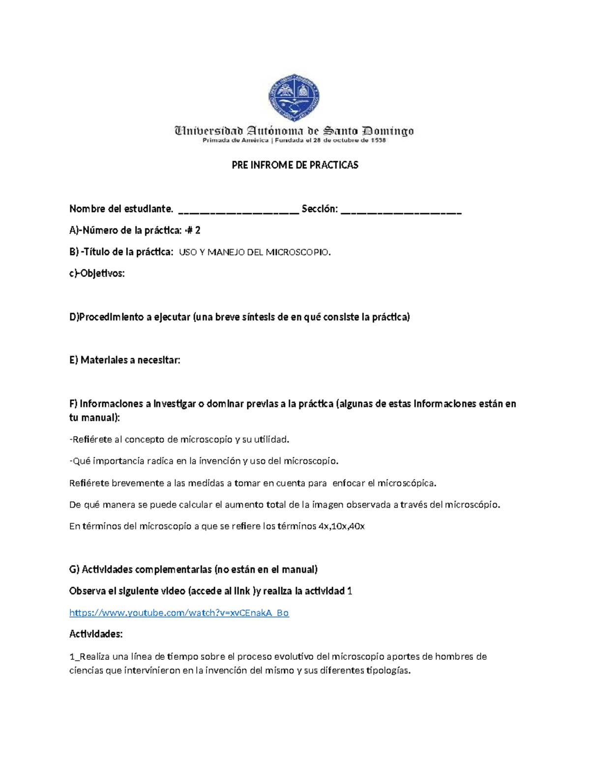 PRE Informe DE Practicas,microscopio. - PRE INFROME DE PRACTICAS Nombre del estudiante. - Studocu