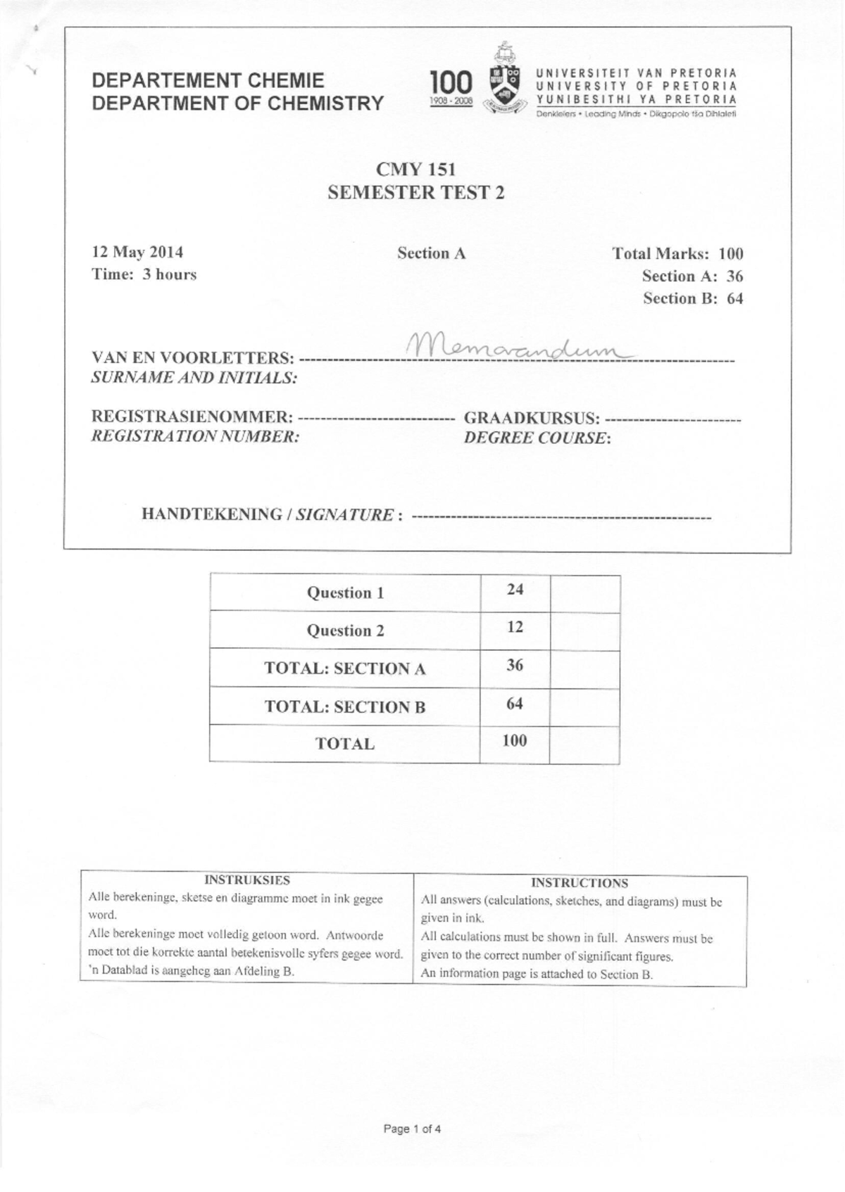2014 Semestertoets 2 Memorandum - CMY 151 - Studocu