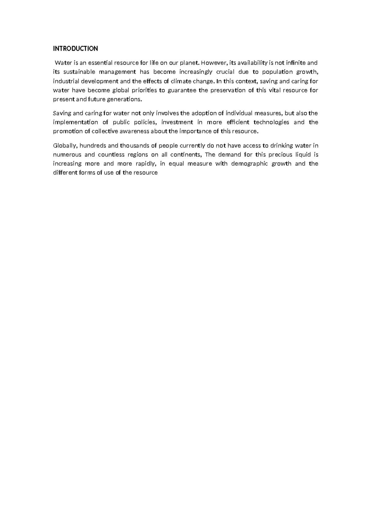 Waterr Project - INTRODUCTION Water is an essential resource for life ...