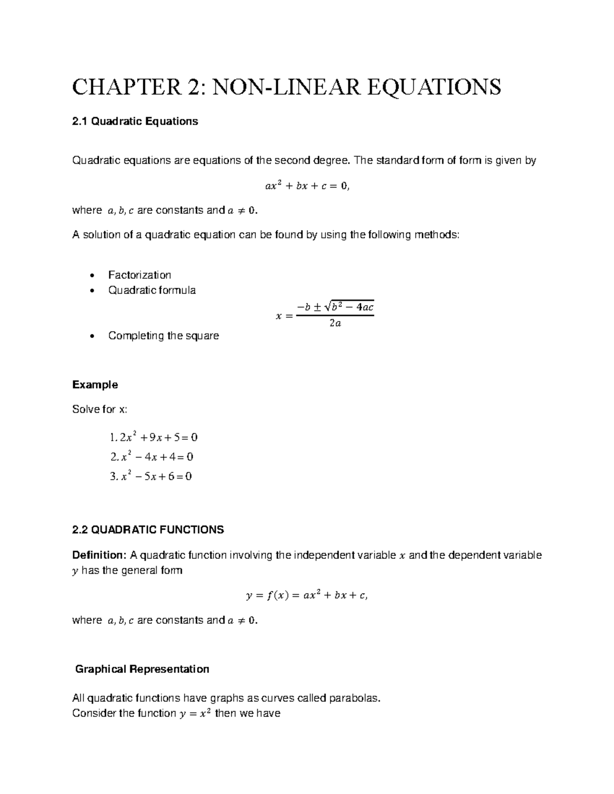 Chapter 2 MATH - Warning: TT: undefined function: 32 CHAPTER 2: NON-LINEAR EQUATIONS 2 Quadratic ...