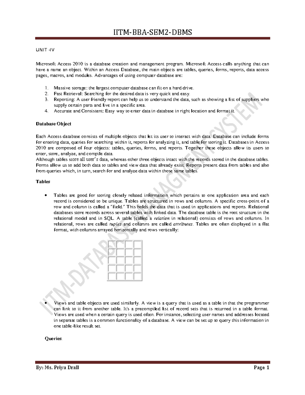 Unit-4 - Lecture notes 4 - IITM-BBA-SEM2-DBMS UNIT -IV Microsoft Access ...
