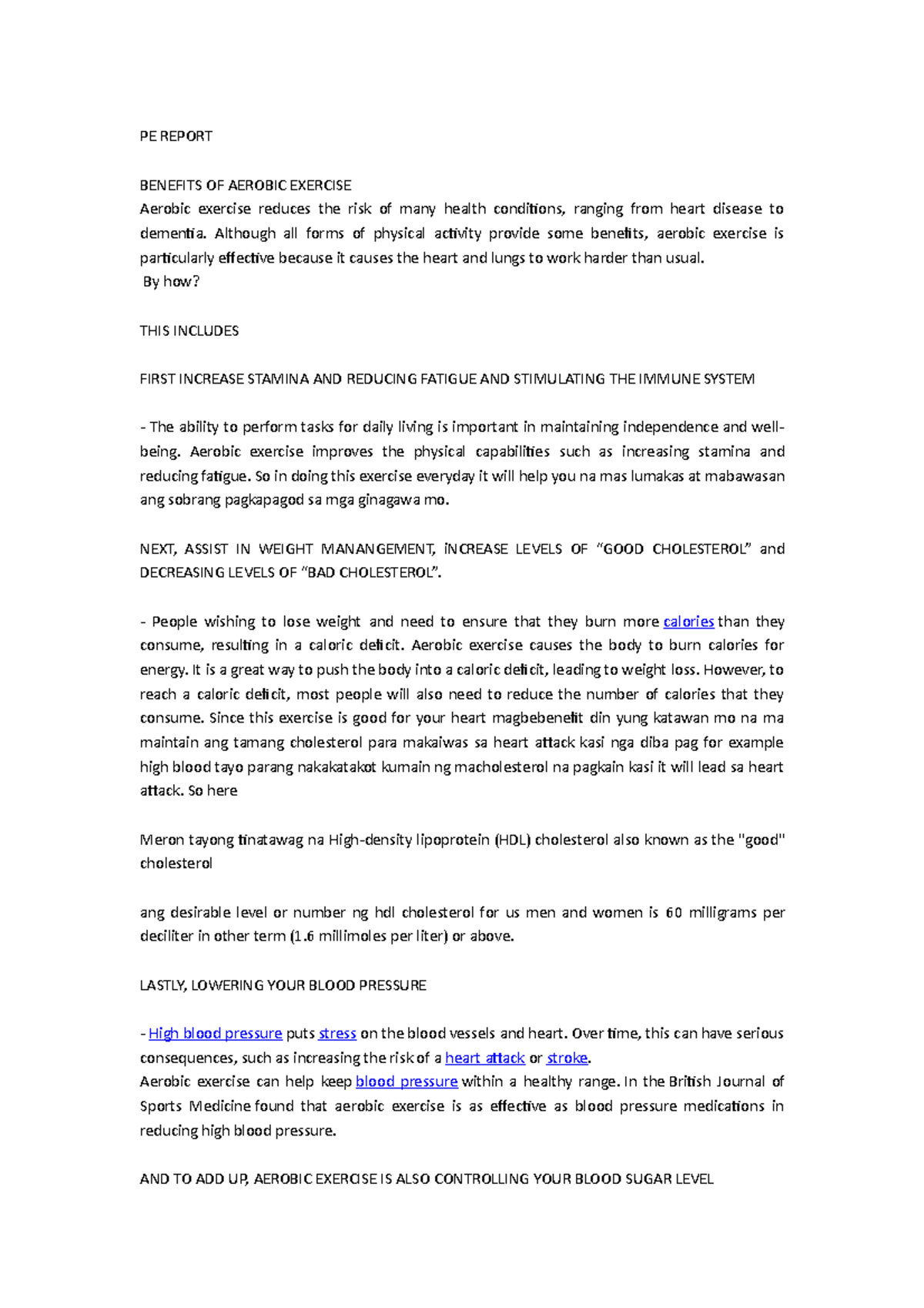 PE Report - PE REPORT BENEFITS OF AEROBIC EXERCISE Aerobic exercise ...