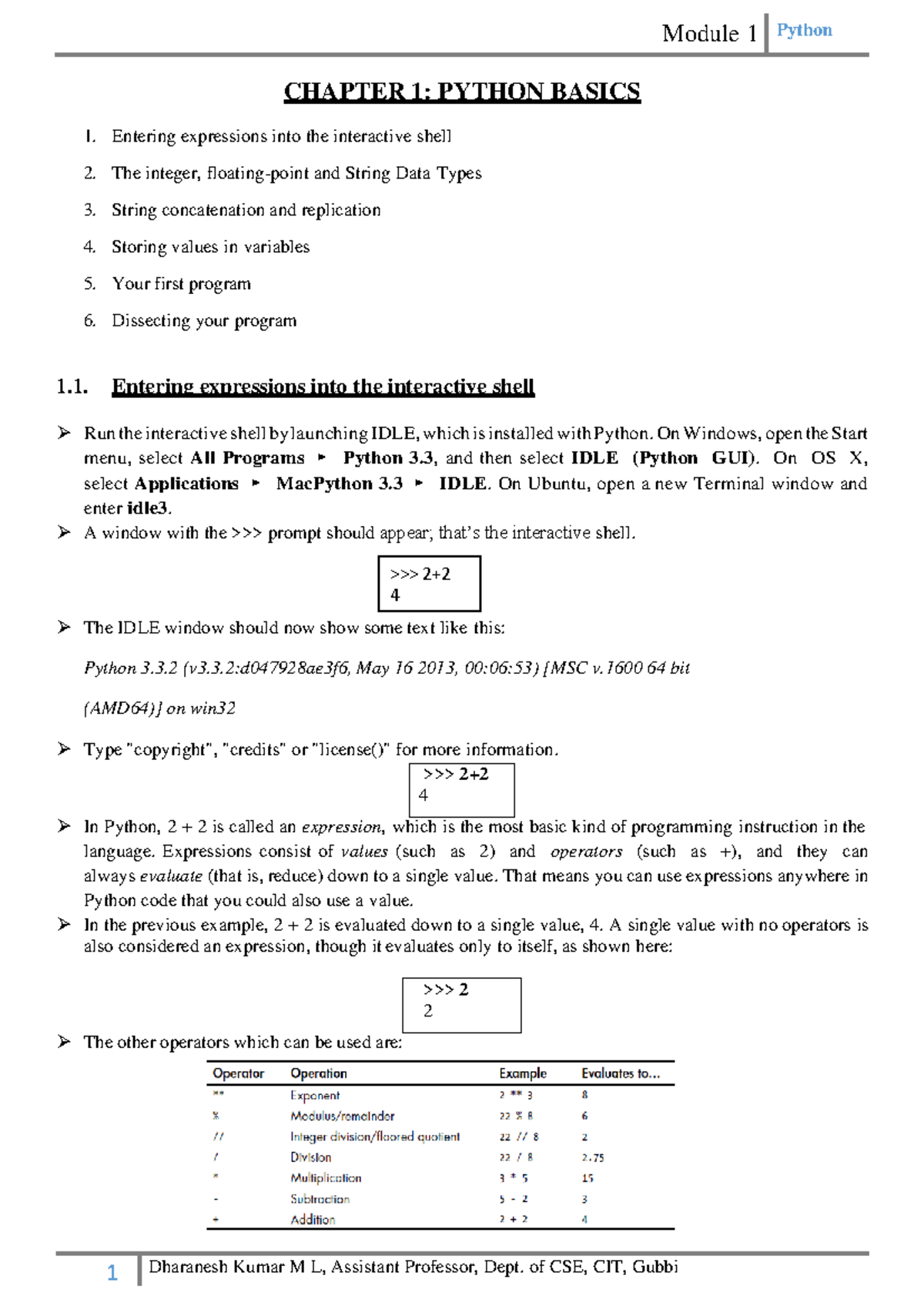 python notes for 18cs - >>> 2+ 4 >>> 2+ 4 >>> 2 2 CHAPTER 1: PYTHON ...