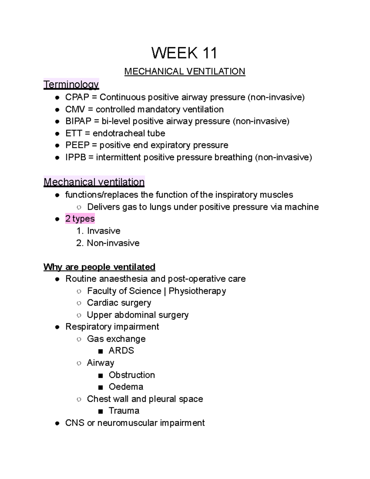 WEEK 11 - week 11 notes - WEEK 11 MECHANICAL VENTILATION Terminology ...
