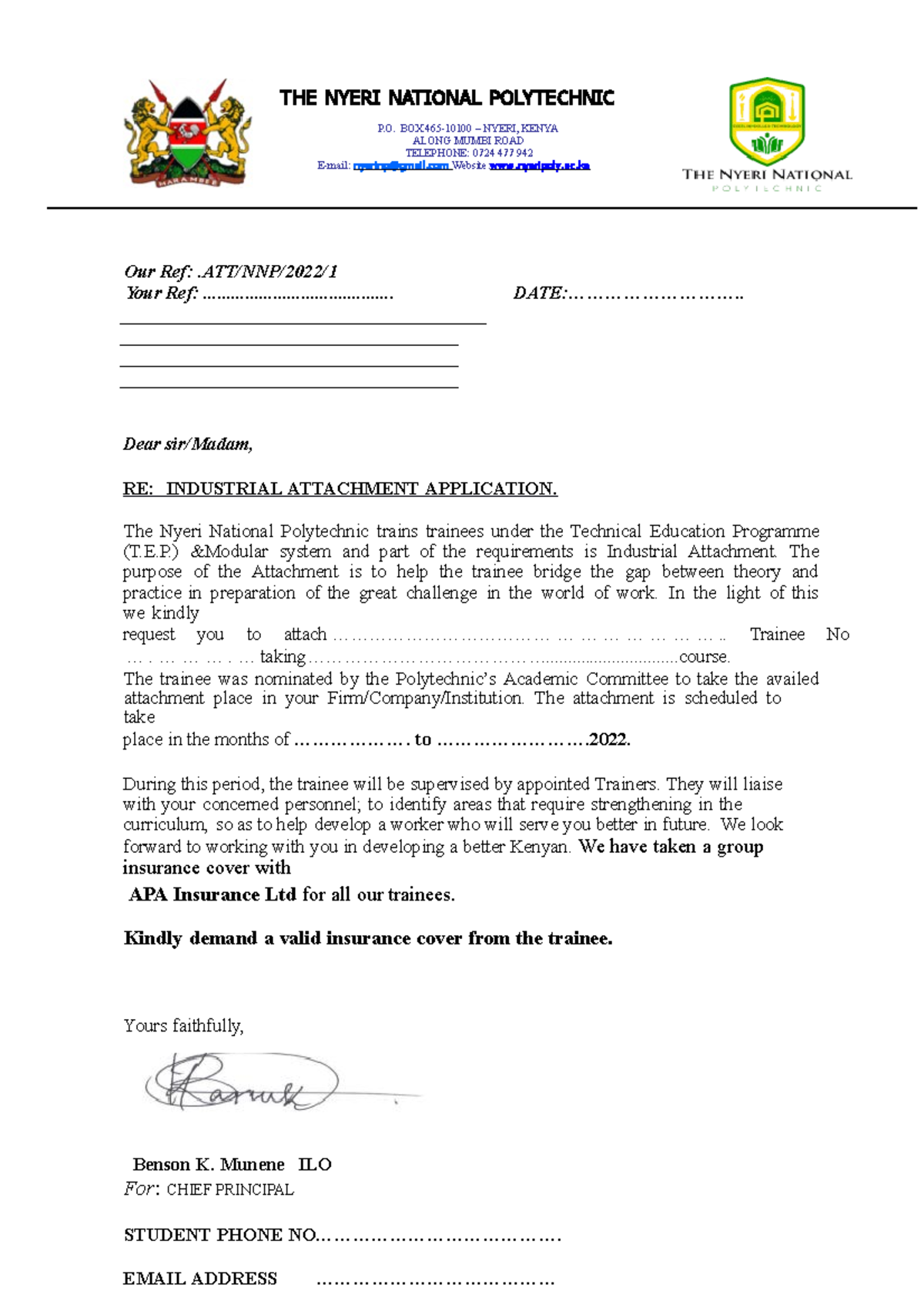 Industrial Attachment Application FORM - THE NYERI NATIONAL POLYTECHNIC ...