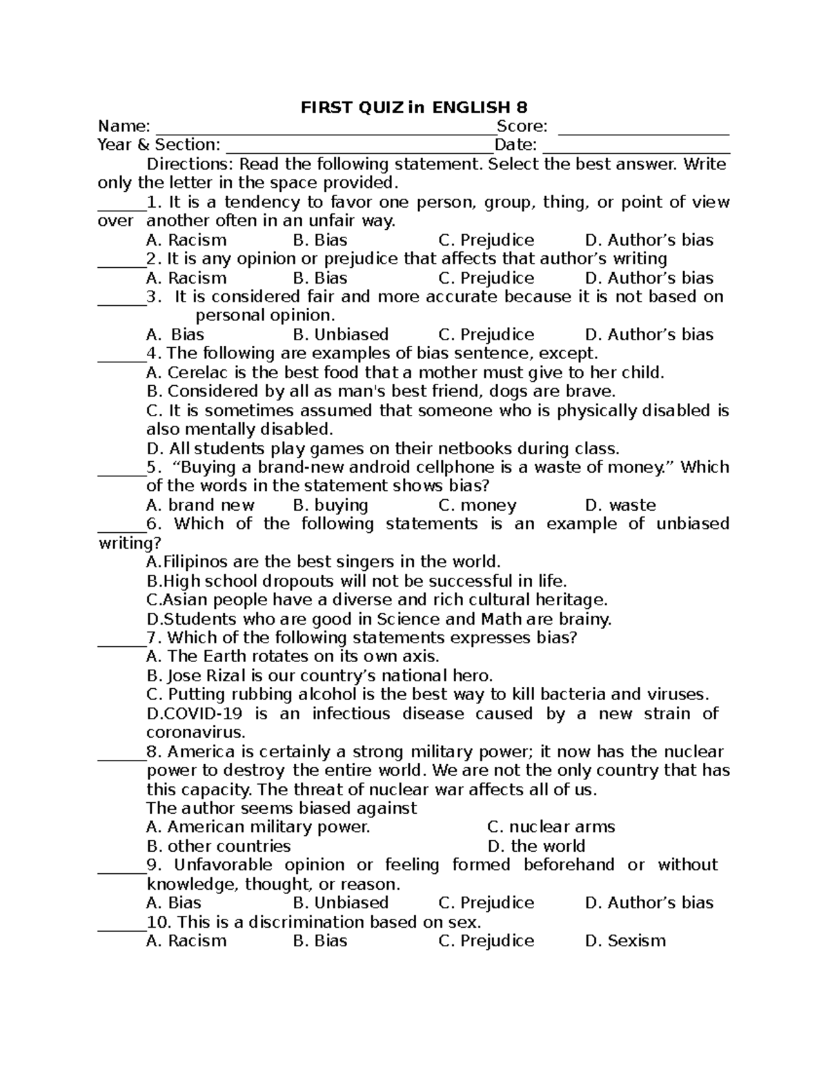 1st quiz - FIRST QUIZ in ENGLISH 8 Name ...