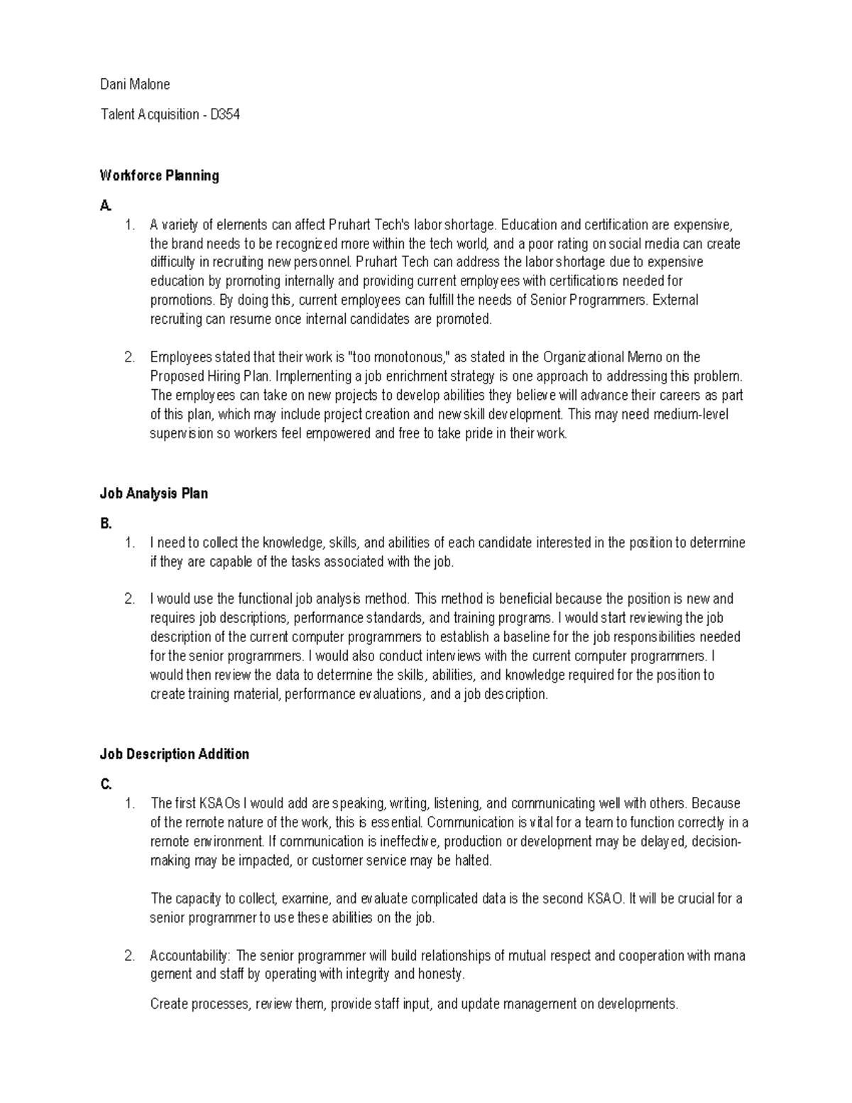 Task 1 - Talent Acquisition - D354 - Dani Malone Talent Acquisition - D ...