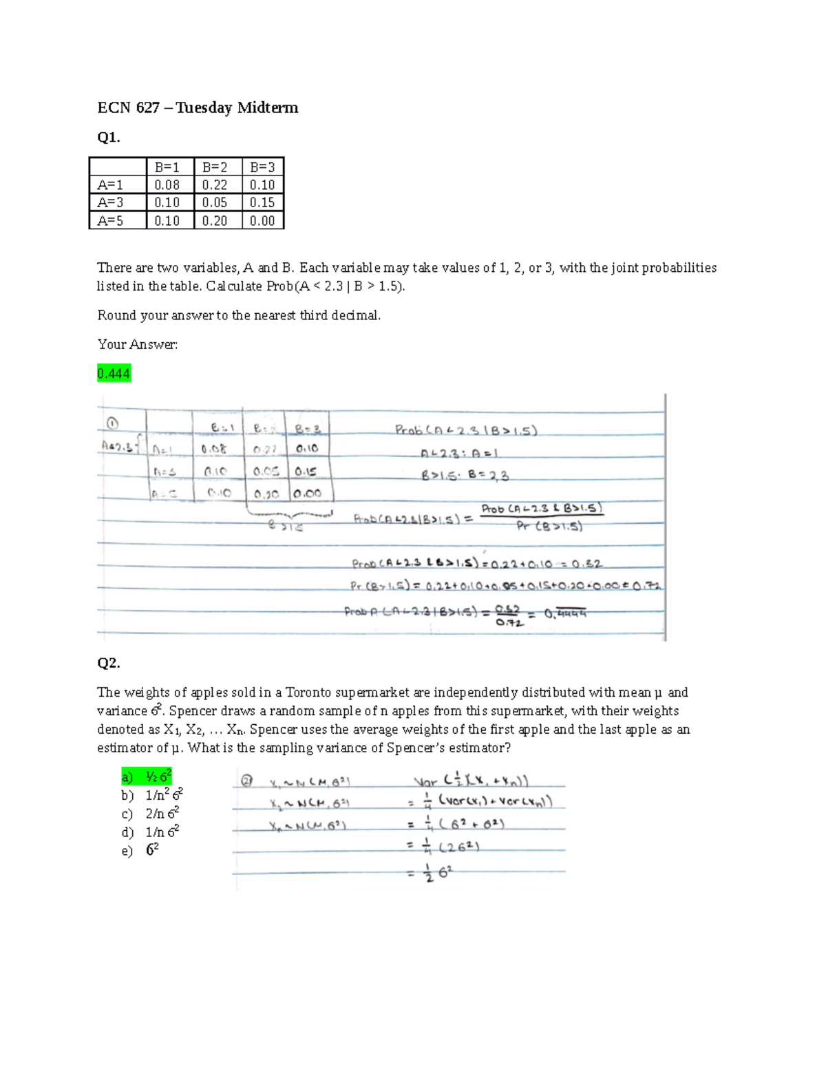 Midterm Solutions 2 - Practice questions - ECN 627 – Tuesday Midterm Q1 ...
