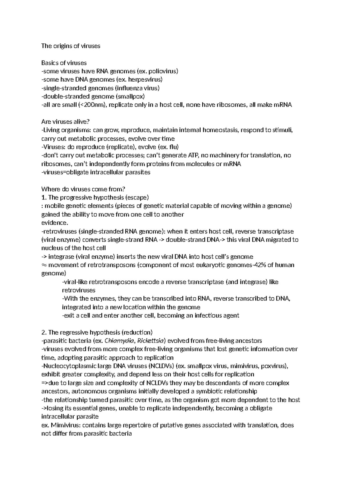 BIOL21381 L1 - lecture notes - The origins of viruses Basics of viruses ...