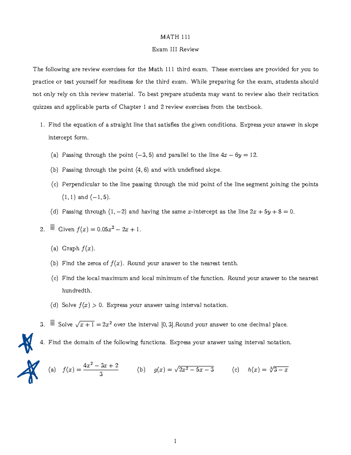 Midterm Exam 3 Answers - MATH 111 Exam III Review The following are ...