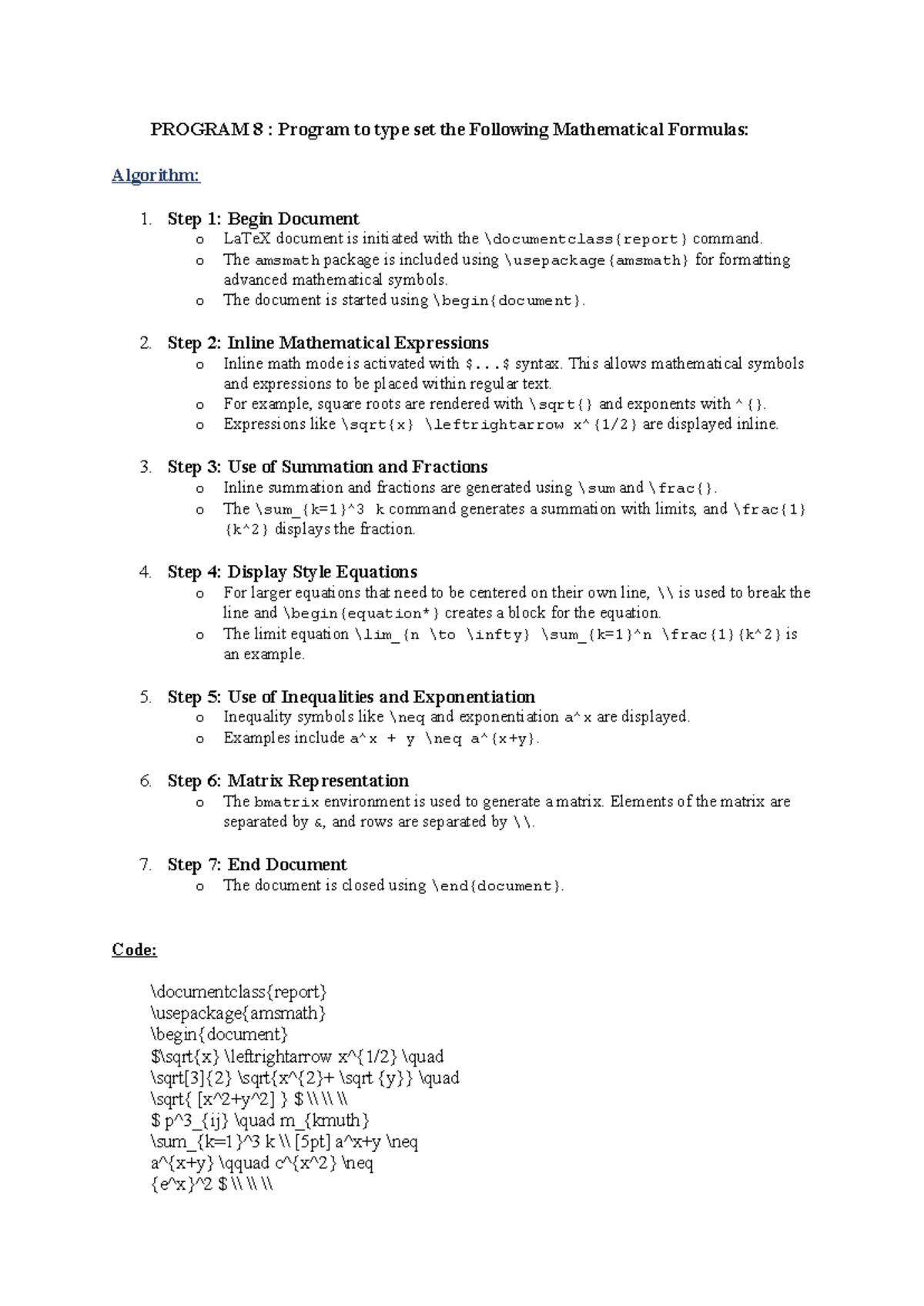La Te X programs - PROGRAM 8 : Program to type set the Following ...