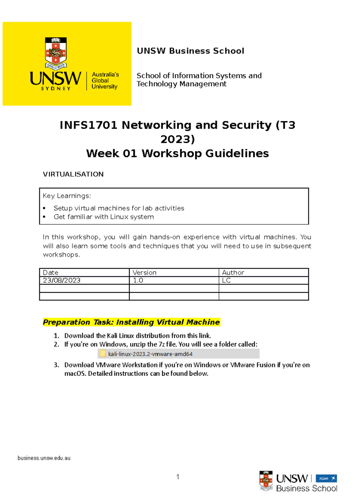 INFS1701 W01 Workshop Guidelines - UNSW Business School School of Information Systems and ...