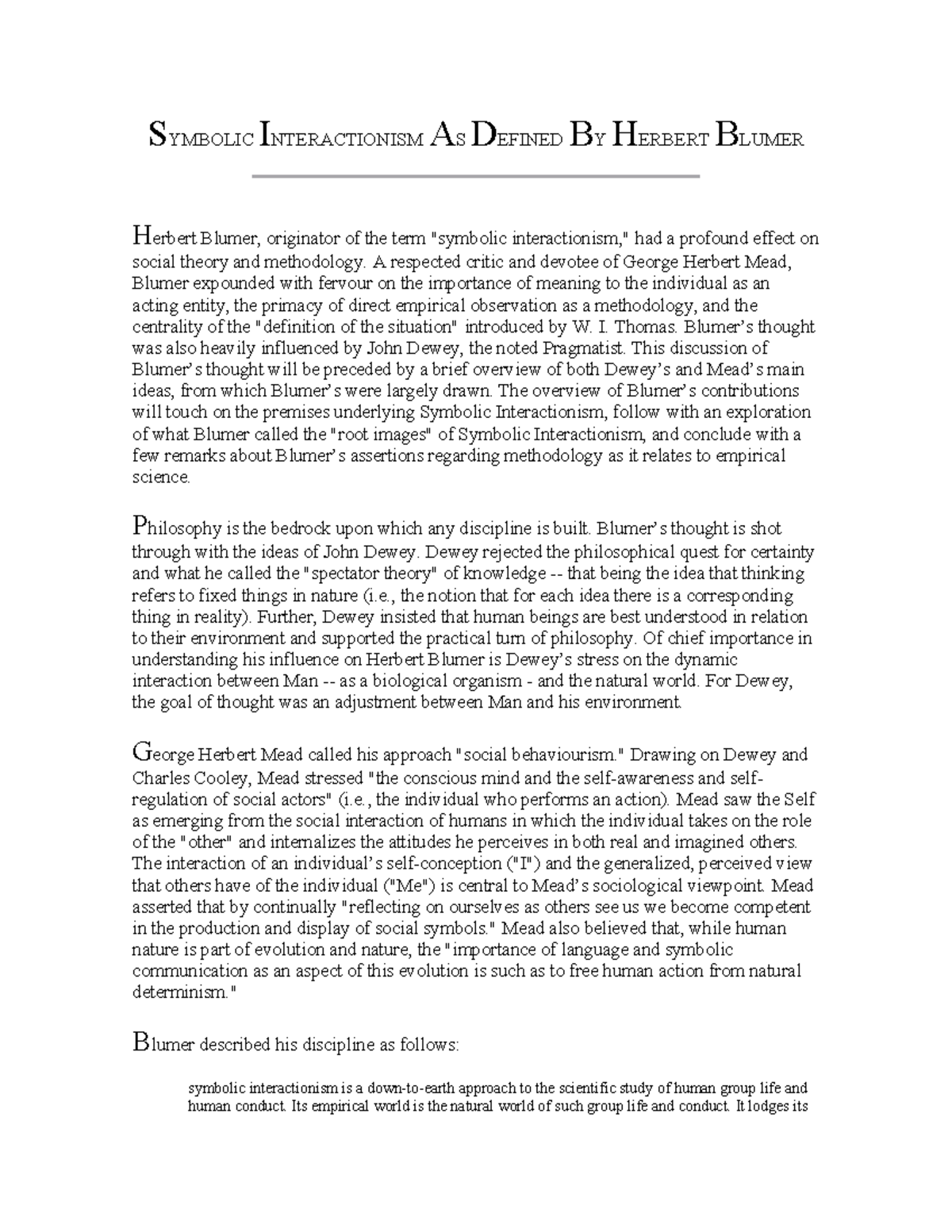 Symbolic Interactionism AS Defined BY Herbert Blumer 1 - SYMBOLIC ...