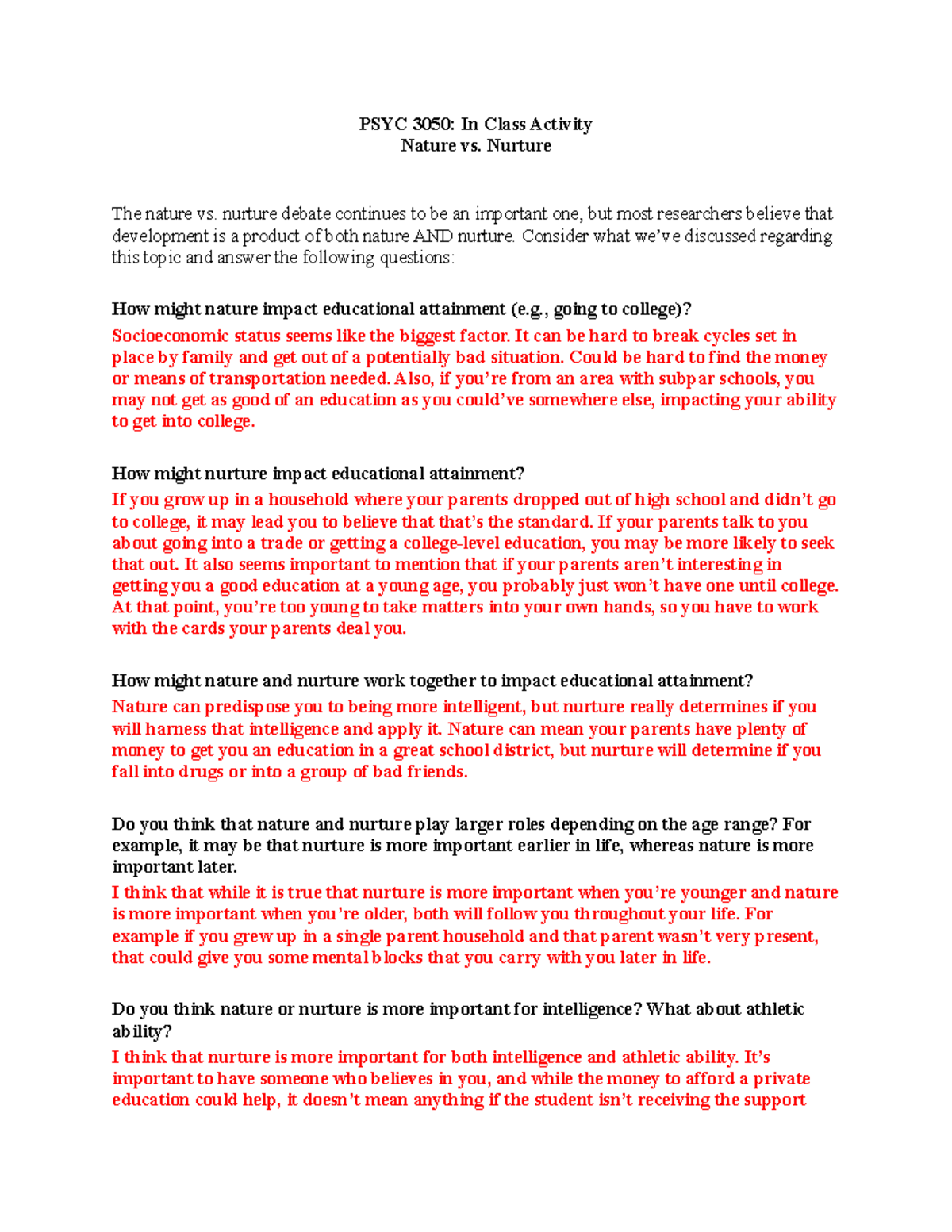 Week1 In Class Activity Nature Nurture-1 - PSYC 3050: In Class Activity ...