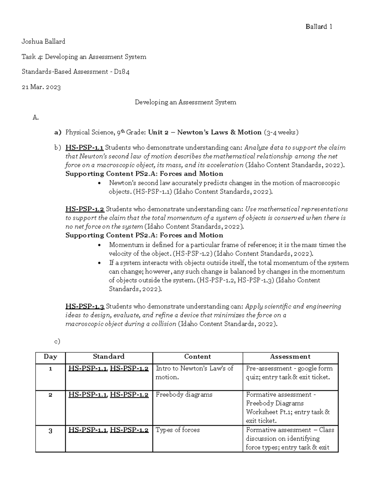 TASK 4 - Developing An Assessment System - Joshua Ballard Task 4: Developing an Assessment ...