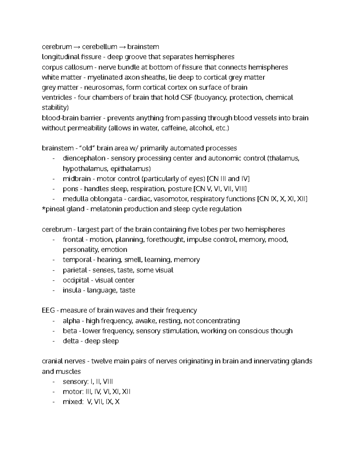 ERAU BIO 305 Brain and Cranial Nerves [Chapter 14] Notes - cerebrum → ...