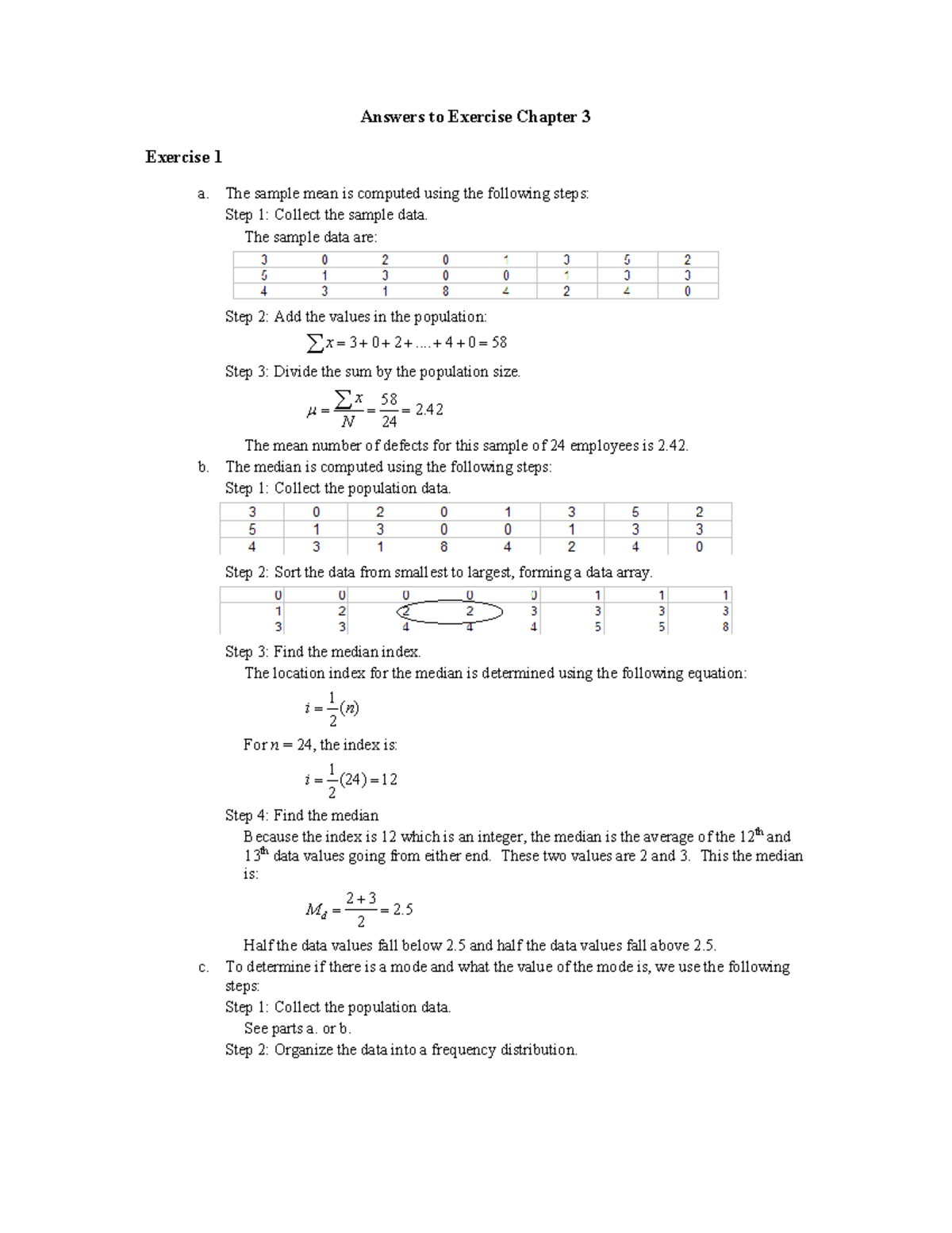 Answers to Exercise Chapter 3 - The sample mean is computed using the following steps: Step 1 ...
