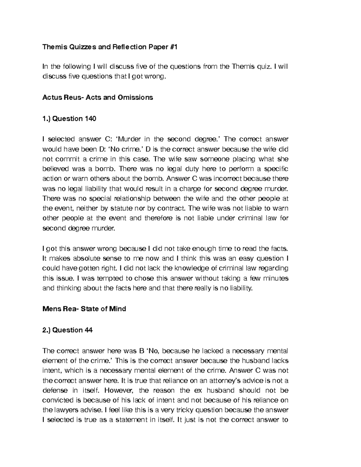 Crim Law Reflection Paper #1 - Themis Quizzes and Reflection Paper # In ...