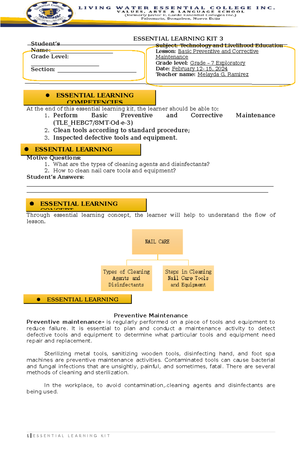 Curriculum Guide for TLE Grade 8 Cookery First Quarter with ...