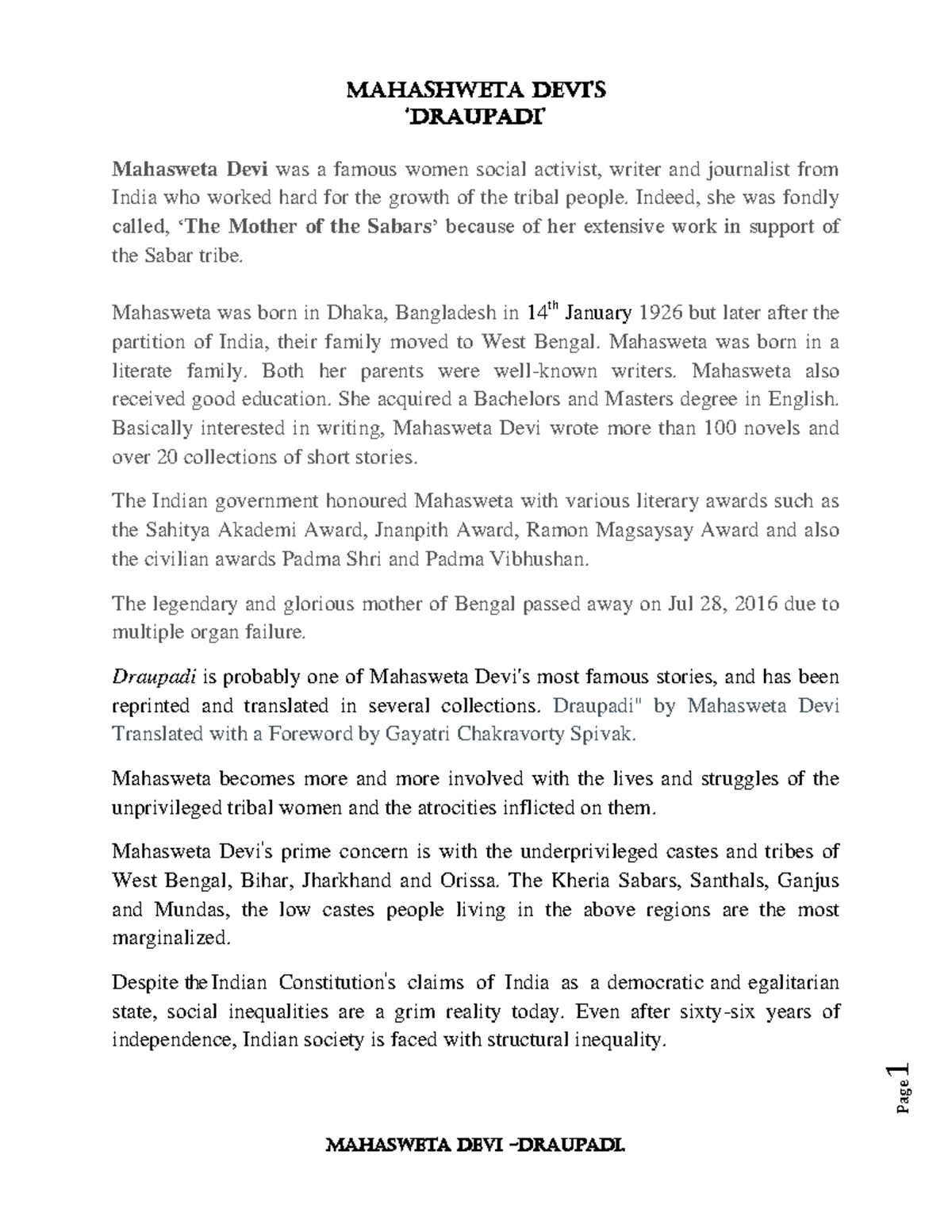 Mahasweta Devi Draupadi - Page 1 MAHASHWETA DEVI’S ‘DRAUPADI’ Mahasweta ...
