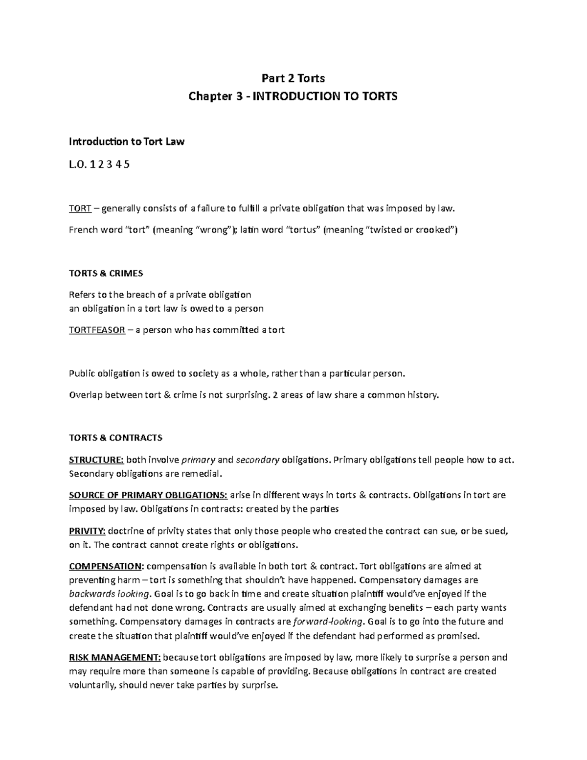 Unit 2 notes - LGST 369 - Part 2 Torts Chapter 3 - INTRODUCTION TO ...