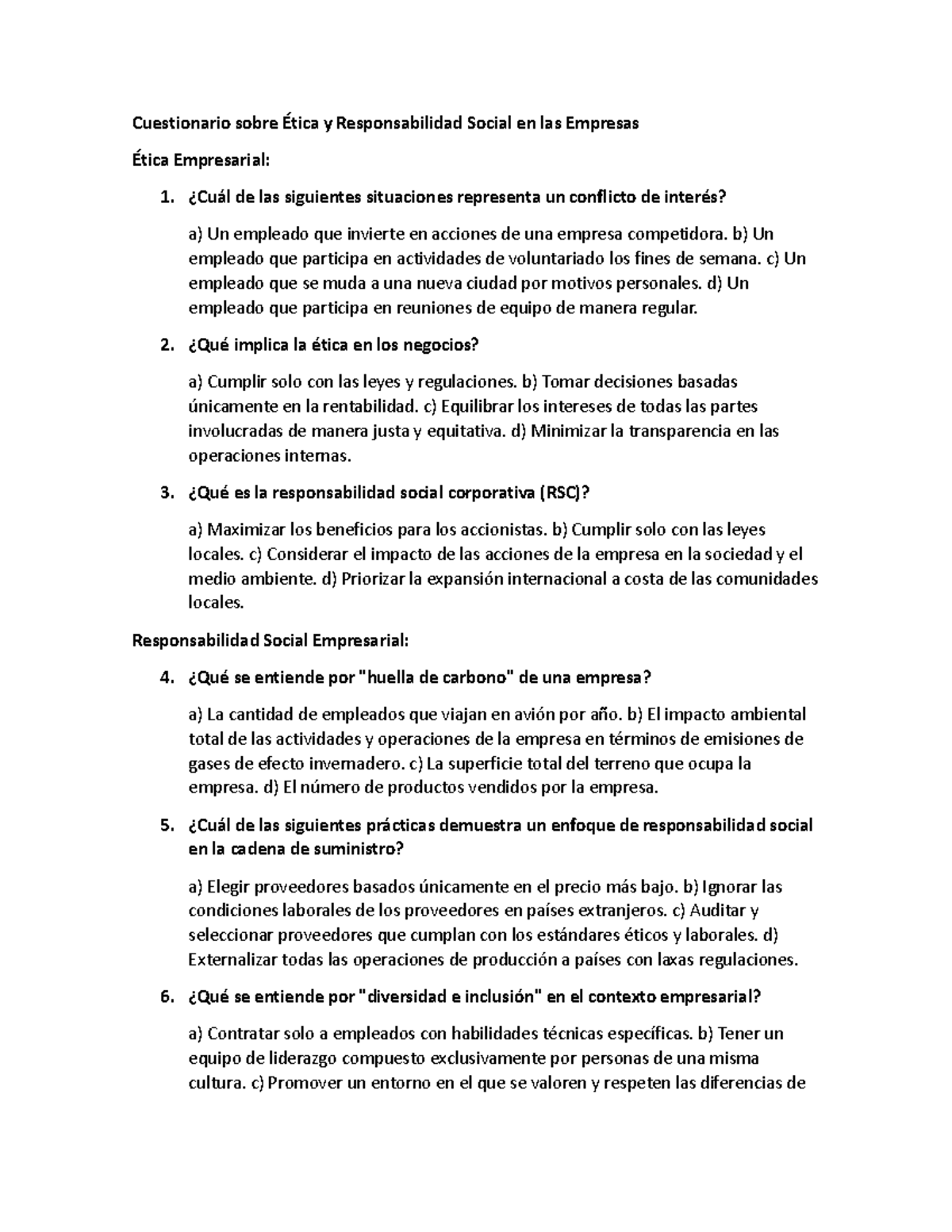 Cuestionario sobre Ética y Responsabilidad Social en las Empresas - b ...