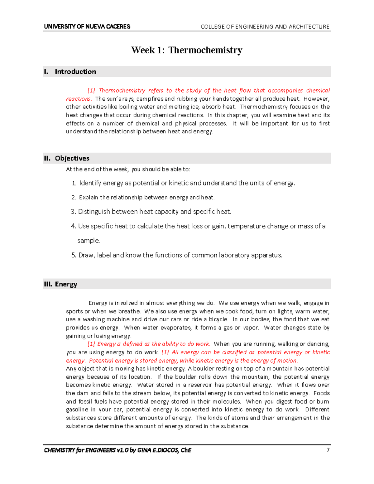 Ch113wk1-2 - gfhh - Week 1: Thermochemistry I. Introduction [1 ...