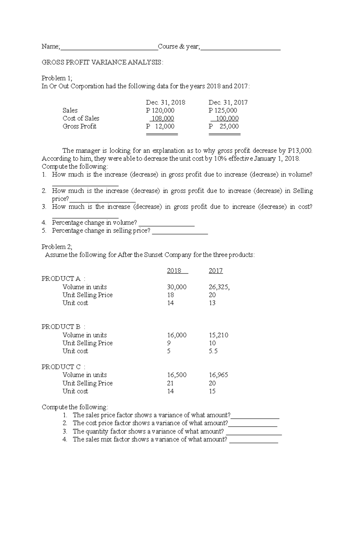 Gross Profit Variance Analysis Anaylsis Name Course Year