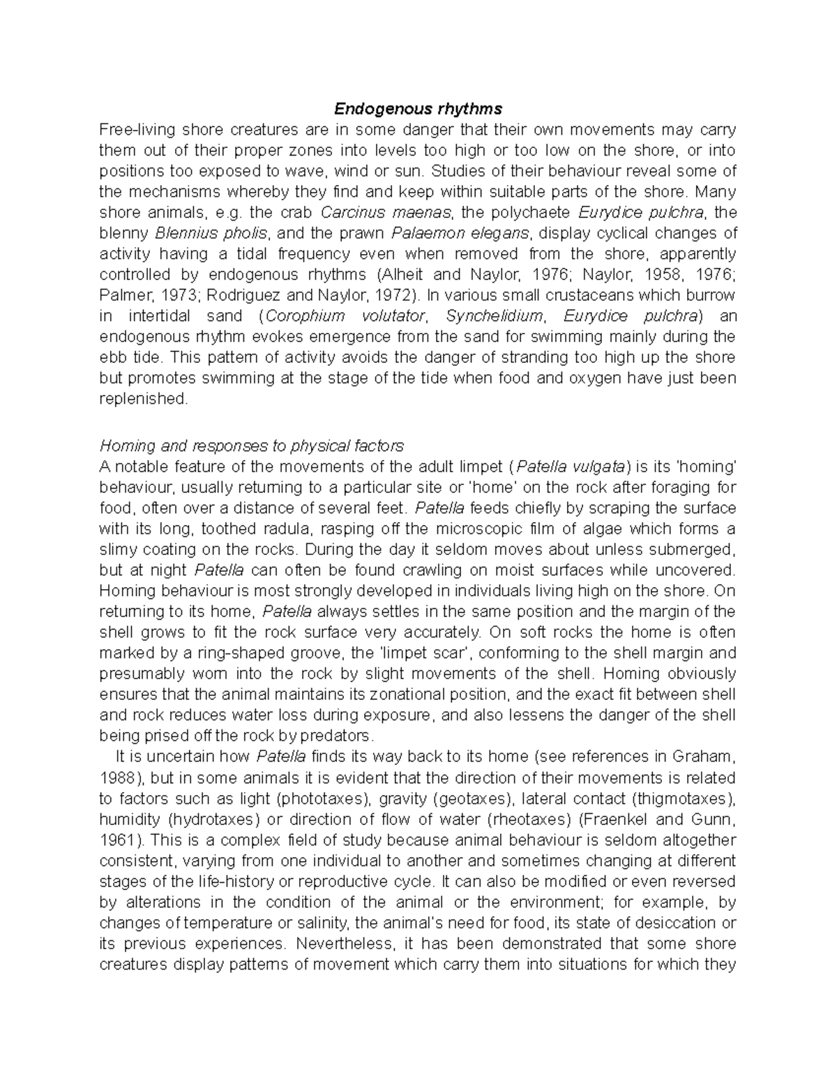 Marine Ecology- The Seashore - Endogenous rhythms Free-living shore ...