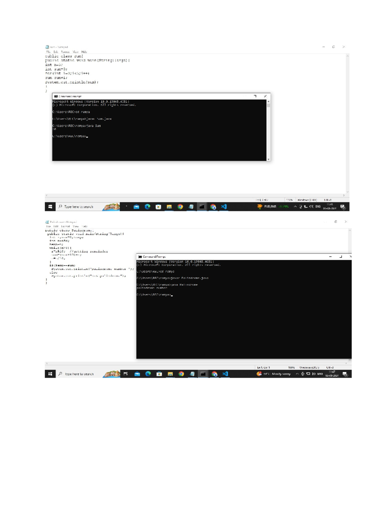 231801136 basic java programs - sum Notepac X File Edit Format View Help public class Sum public ...