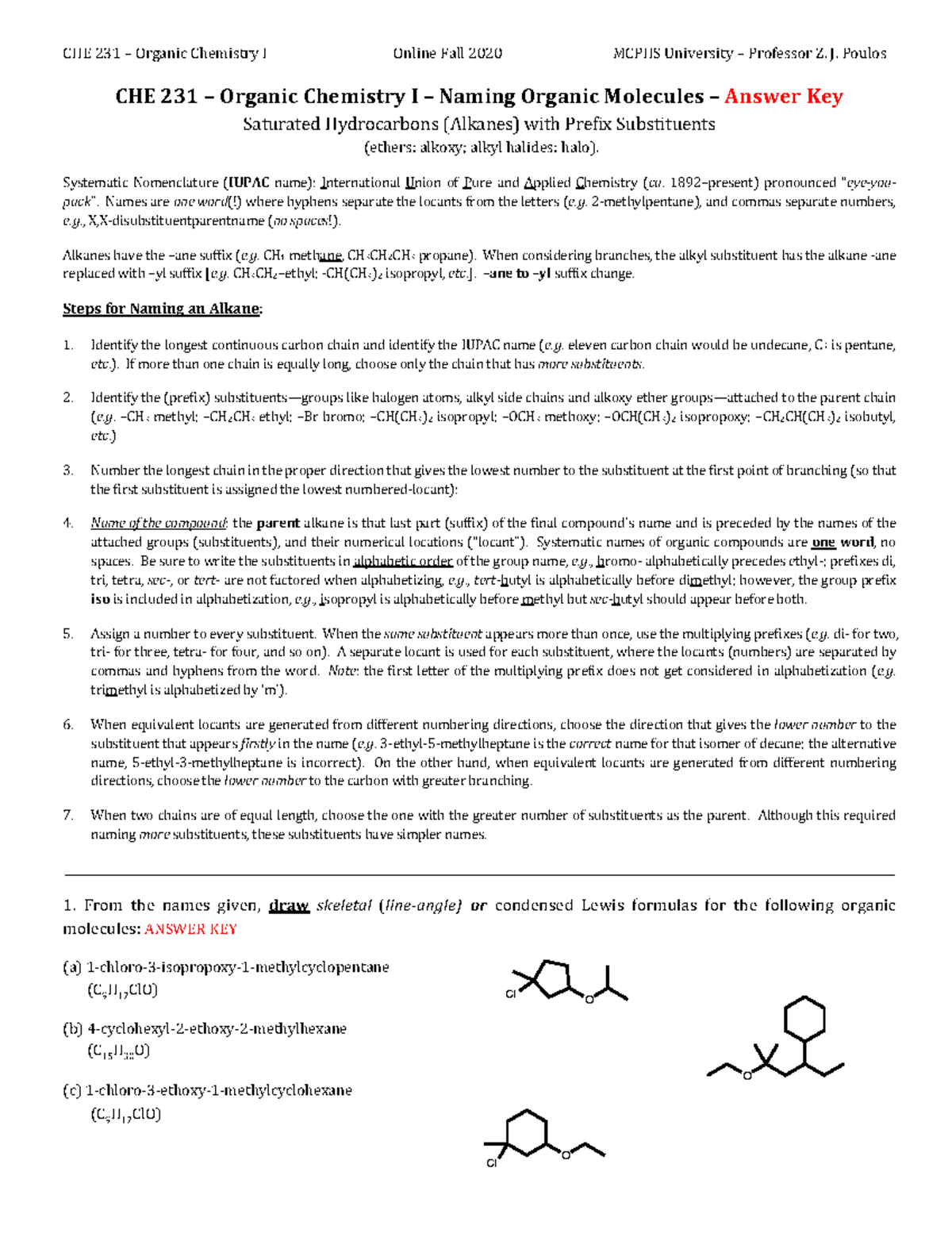 Ch3 Organic Nomenclature Problem Set Answer - CHE 231 – Organic ...