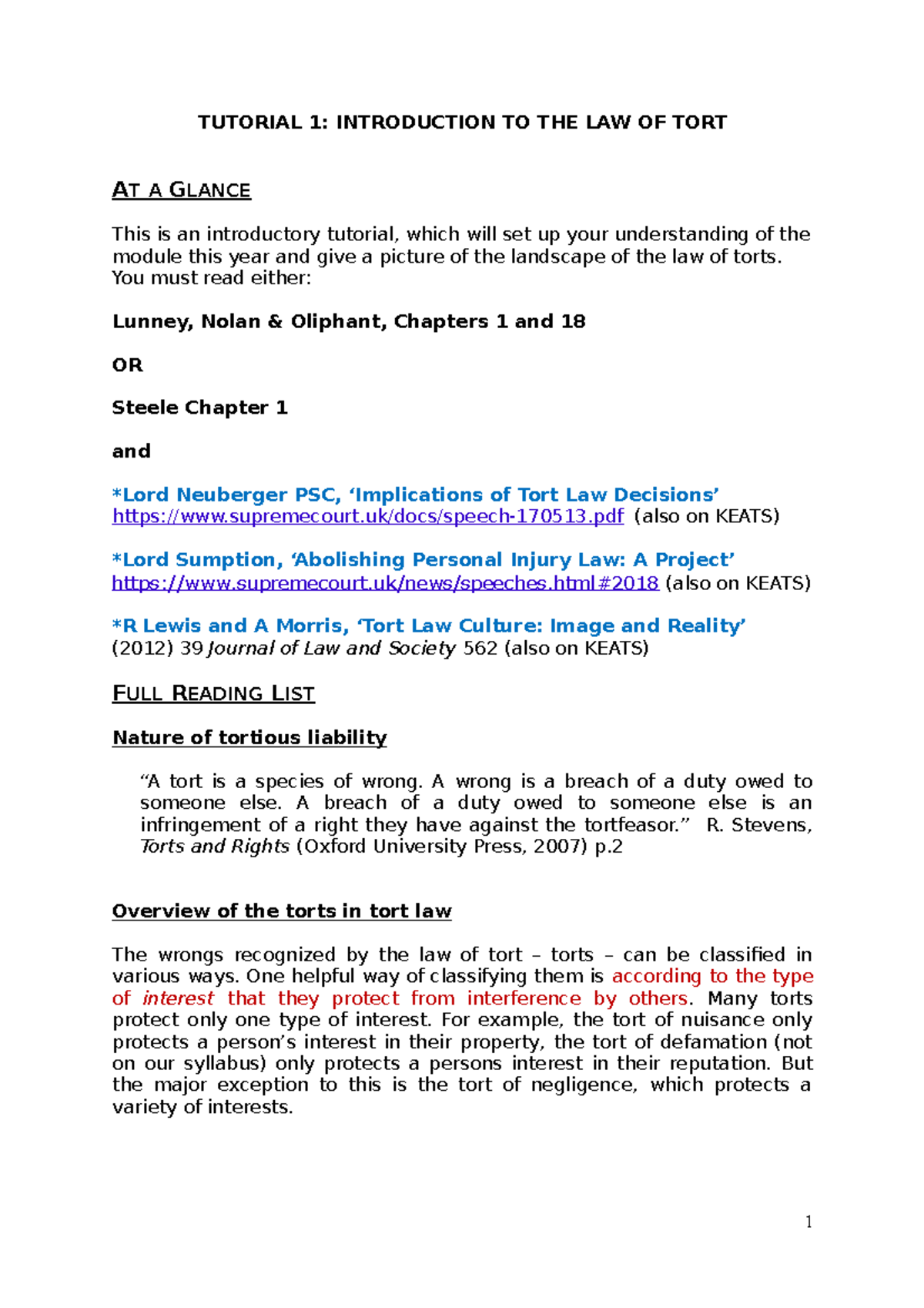 Tutorial 1 - Introduction - TUTORIAL 1: INTRODUCTION TO THE LAW OF TORT ...