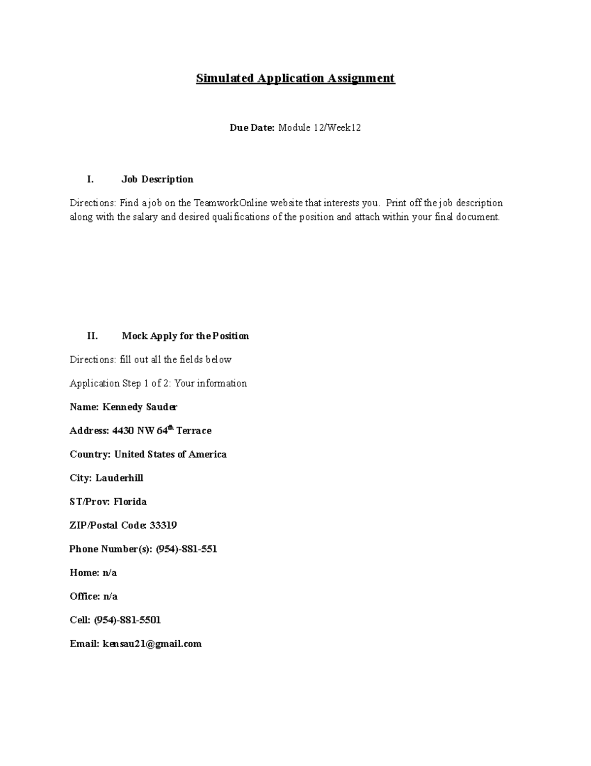 SMGT 205 Simulated Application Assignment Form Kennedy Sauder ...