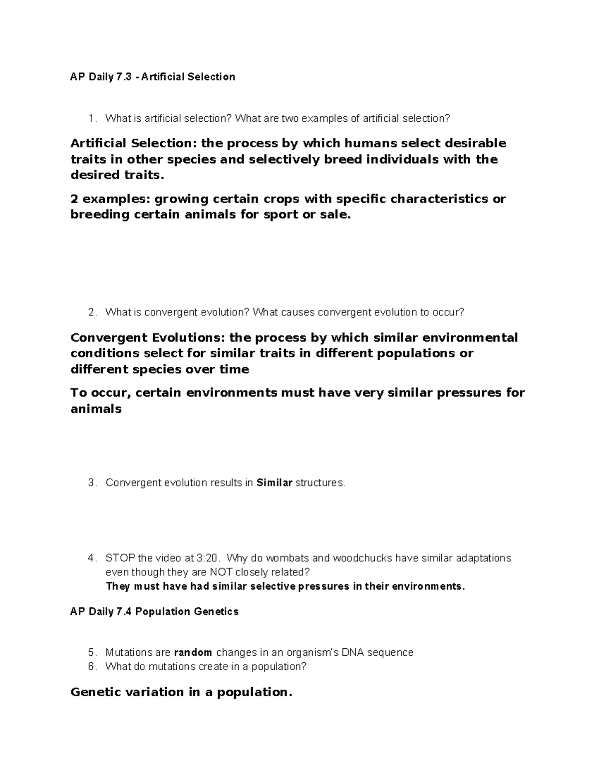 AP video notes Unit 7 - AP Daily 7 - Artificial Selection 1. What is ...