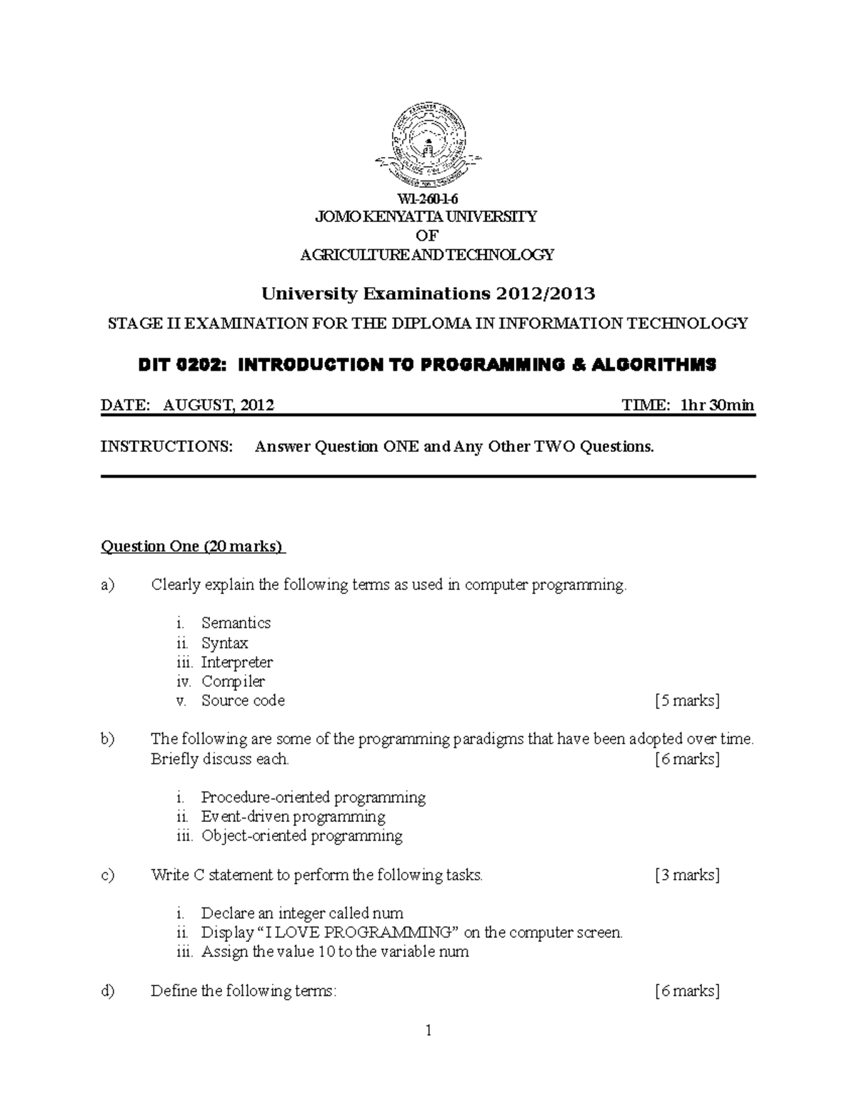 DIT 0202 Karen - exam - W1-2-60-1- JOMO KENYATTAUNIVERSITY OF AGRICULTUREAND TECHNOLOGY ...