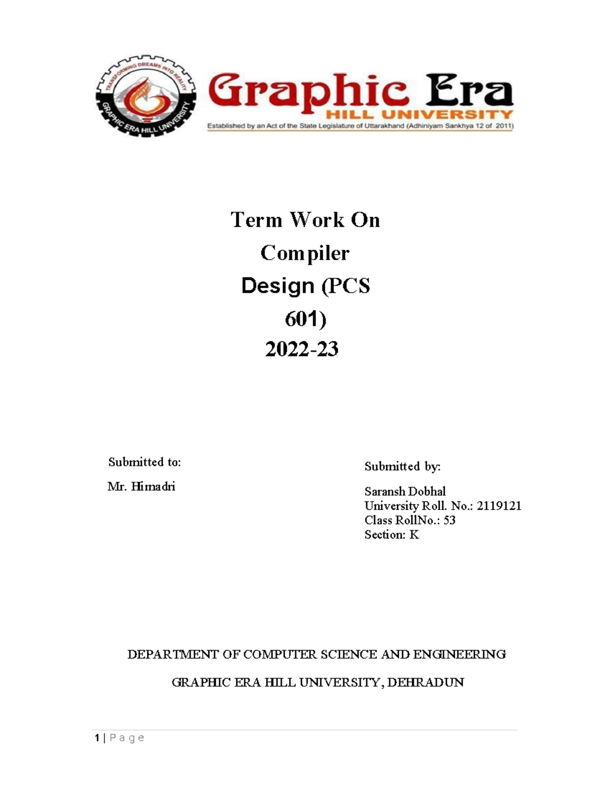 Compiler Lab File 1 P A G E Term Work On Compiler Design Pcs 601