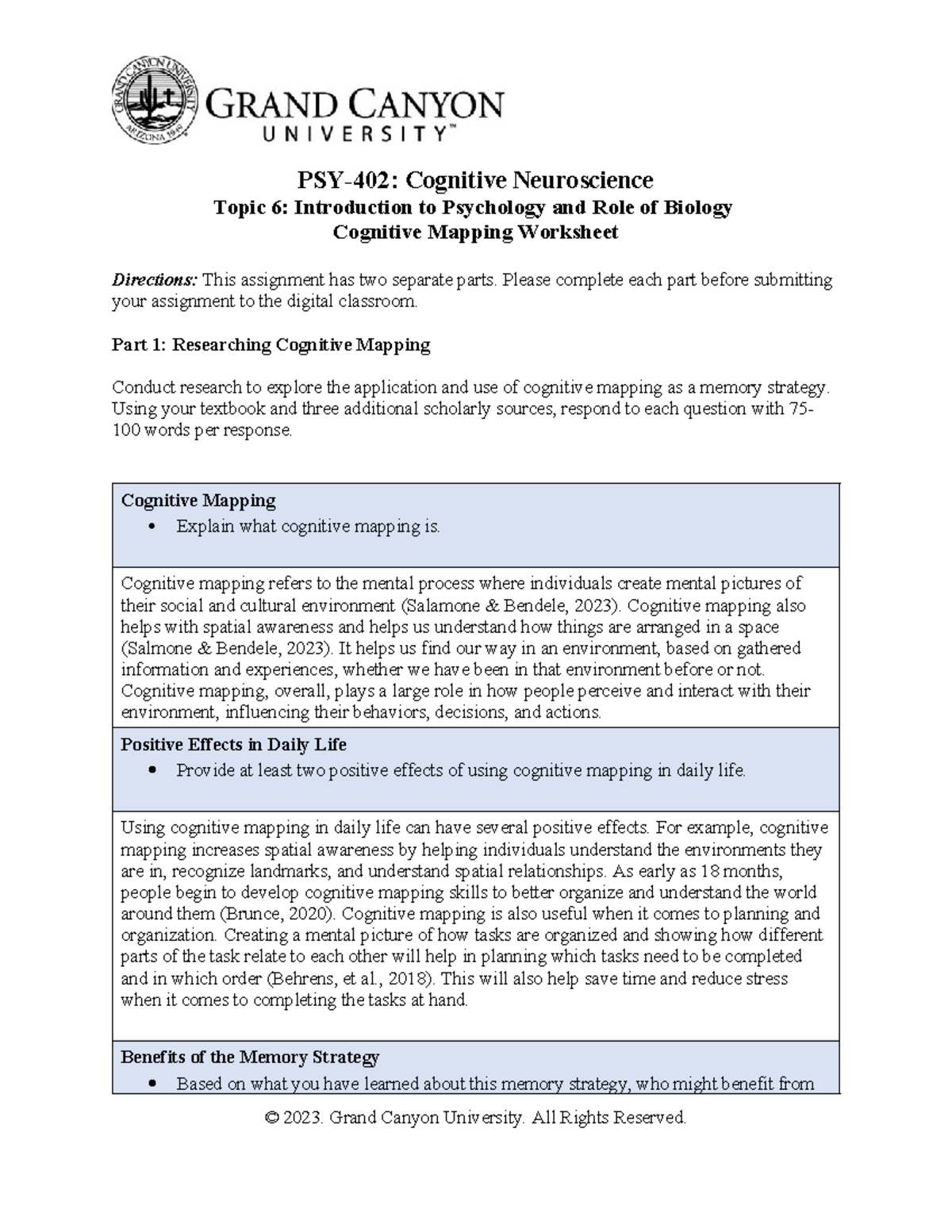 Cognitive Mapping Worksheet - PSY-402: Cognitive Neuroscience Topic 6 ...