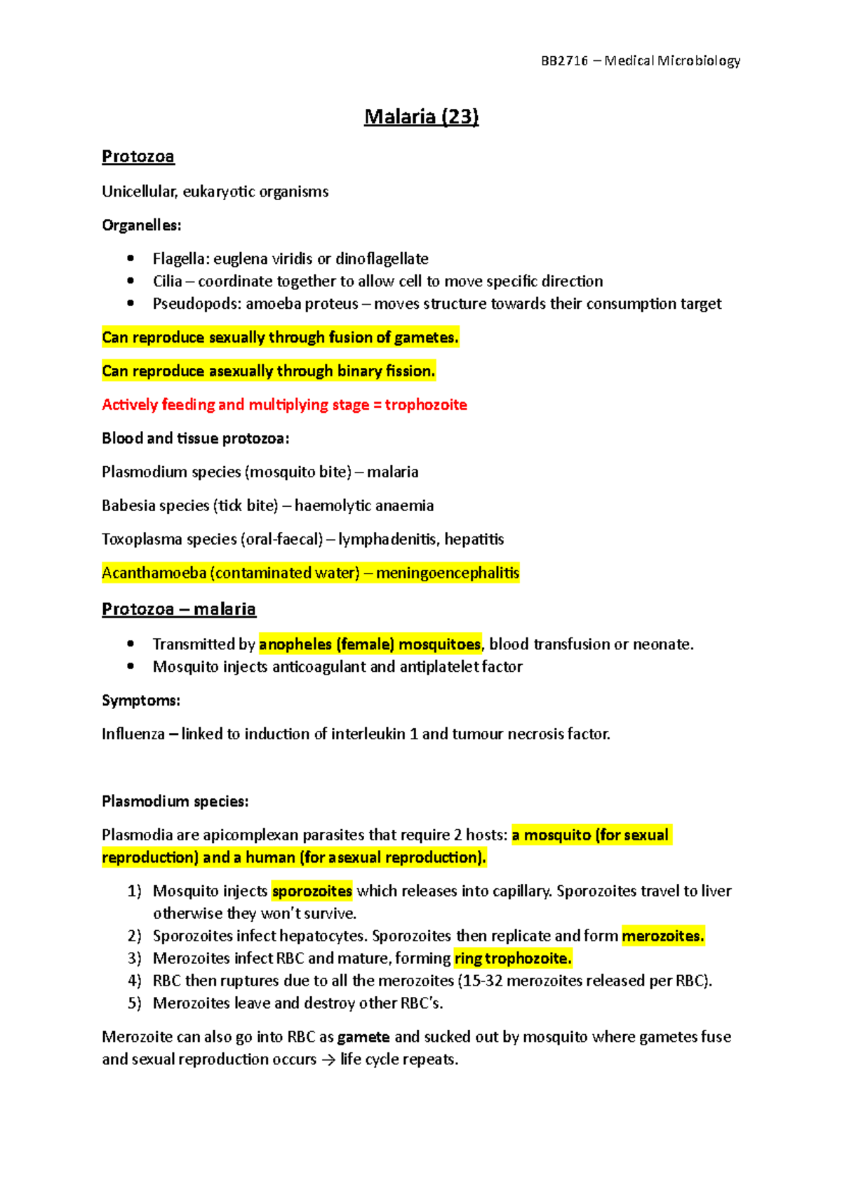 Malaria (23) - Lecture notes 23 - BB2716 – Medical Microbiology Malaria ...